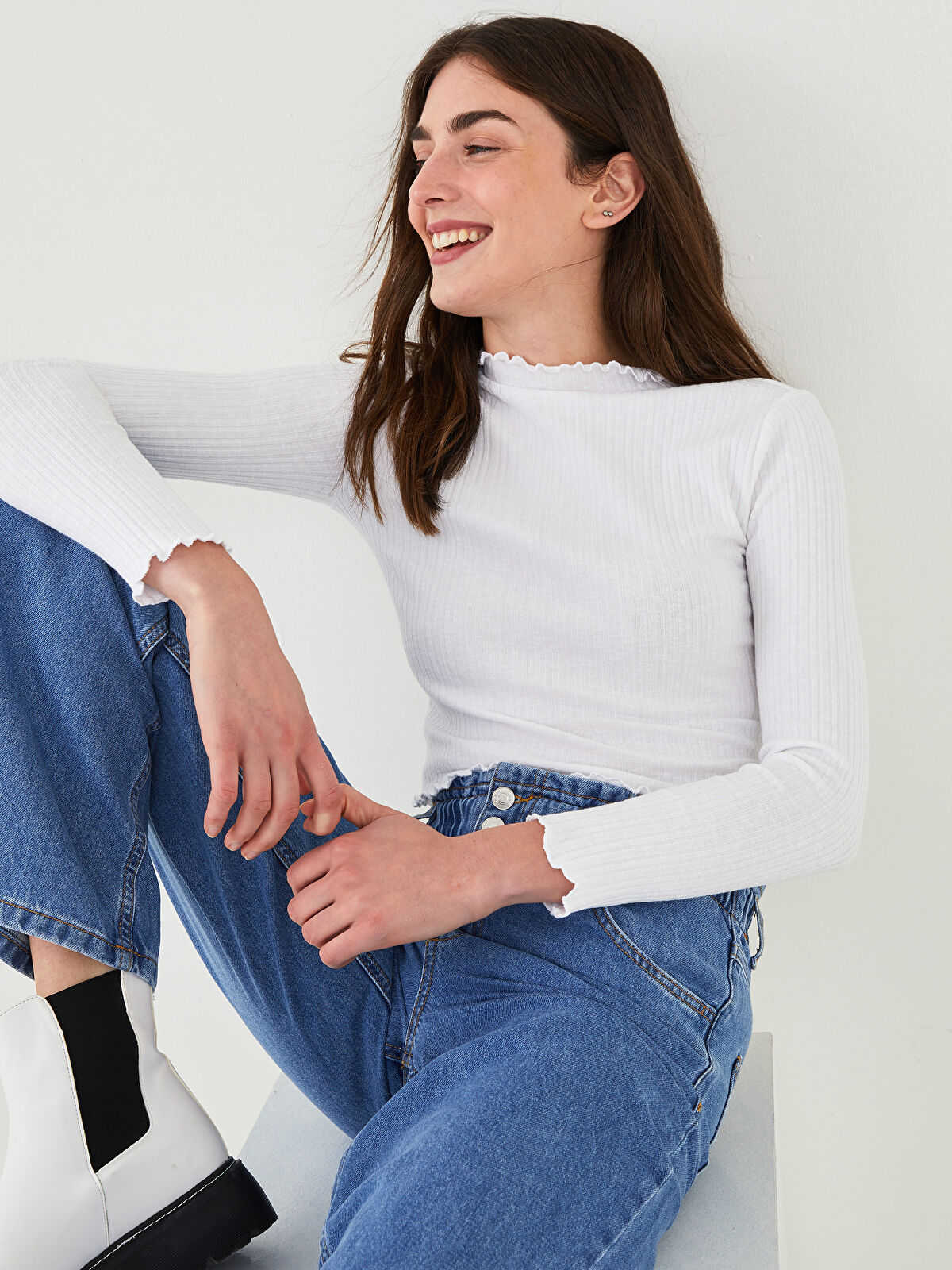 XSIDE Dik Yaka Düz Uzun Kollu Kaşkorse Kumaş Kadın Kazak