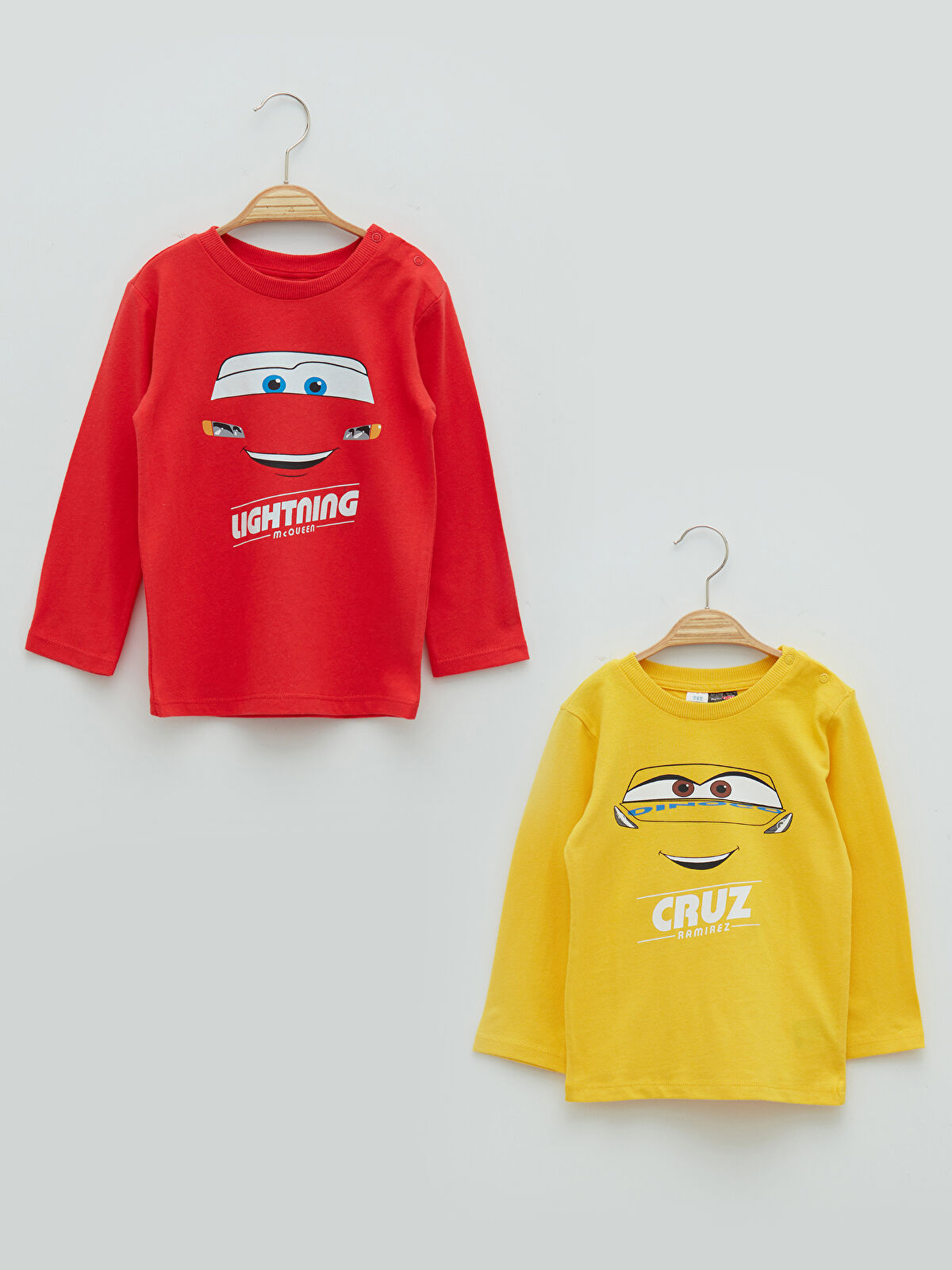 Bisiklet Yaka Uzun Kollu Arabalar Baskılı Pamuklu Erkek Bebek Tişört 2'li