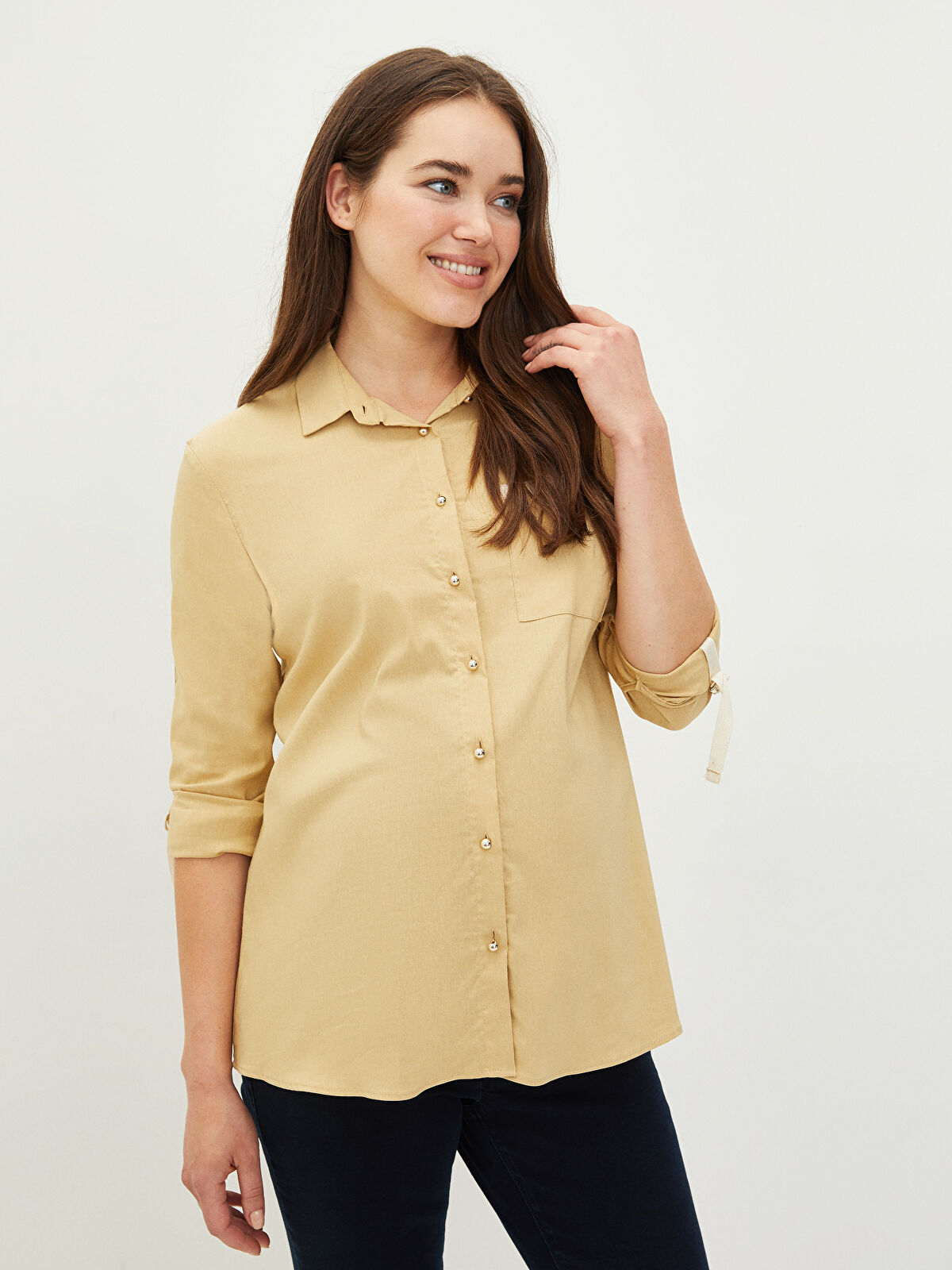 Önden Düğme Kapamalı Biye Detaylı Hamile Gömlek