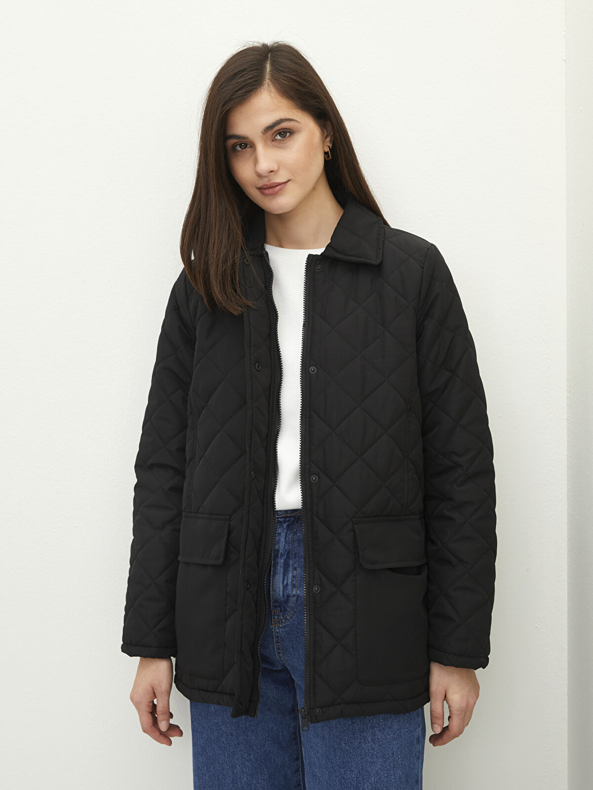 LCW CLASSIC Gömlek Yaka Kapitone Desenli Uzun Kollu İnce Kadın Şişme Mont