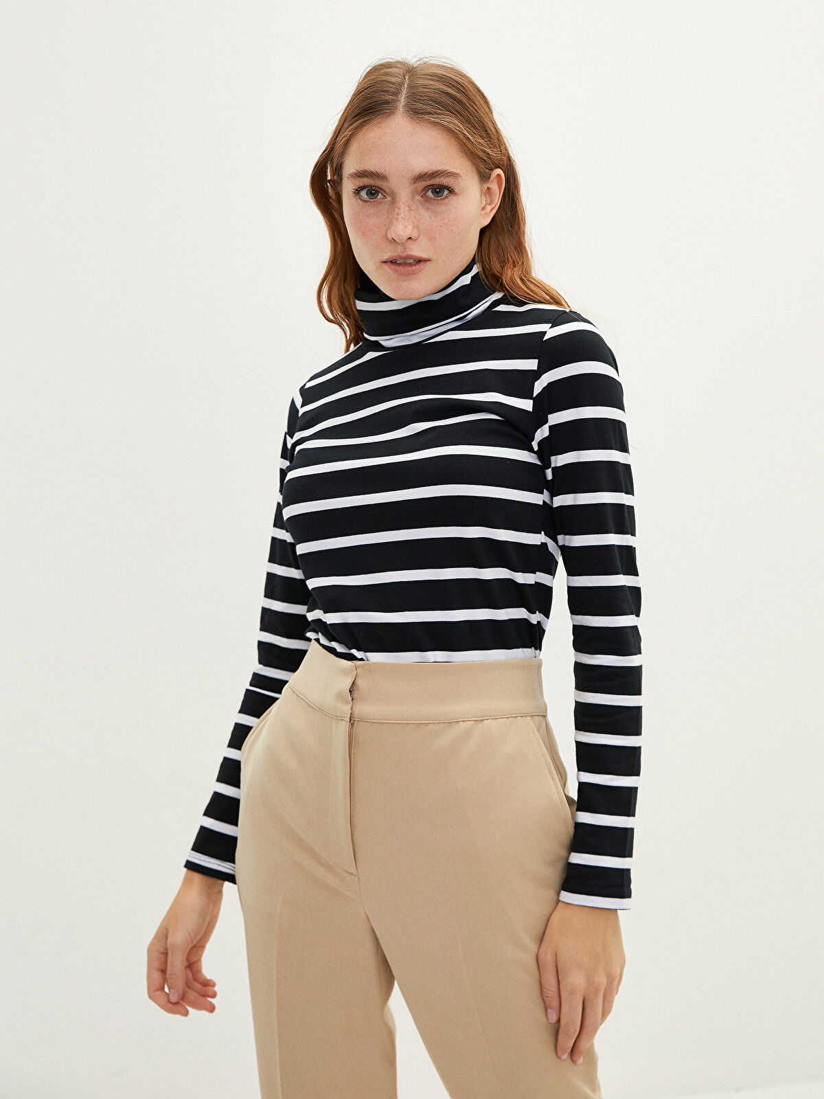 LCW BASIC Balıkçı Yaka Çizgili Uzun Kollu Kaşkorse Kumaş Kadın Tişört