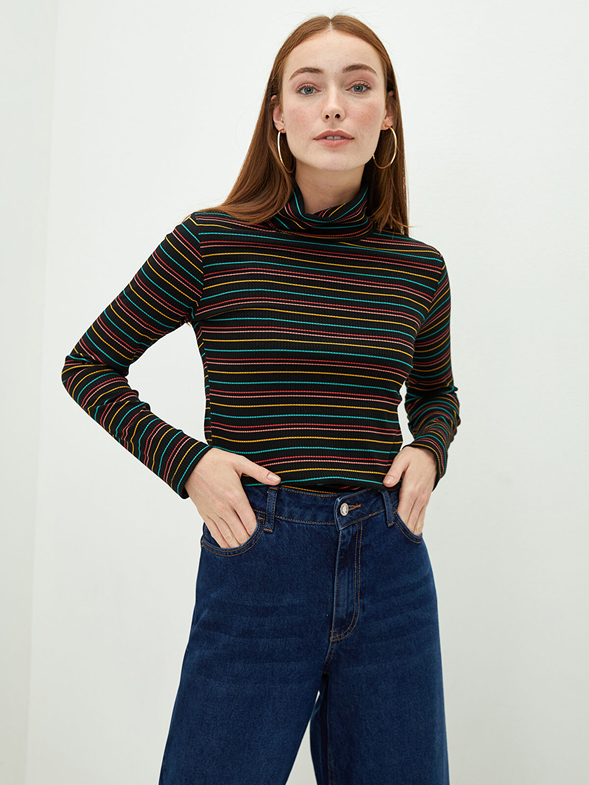 LCW BASIC Balıkçı Yaka Çizgili Uzun Kollu Kaşkorse Kumaş Kadın Tişört