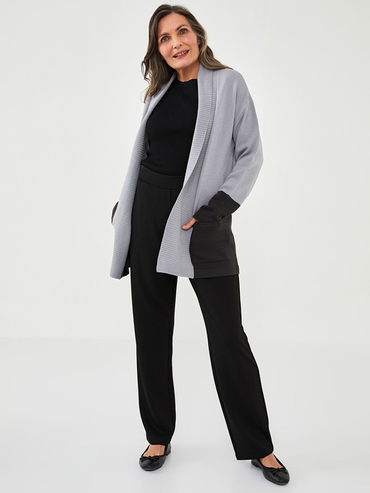 LCW GRACE Şal Yaka Renk Bloklu Uzun Kollu Kadın Triko Hırka