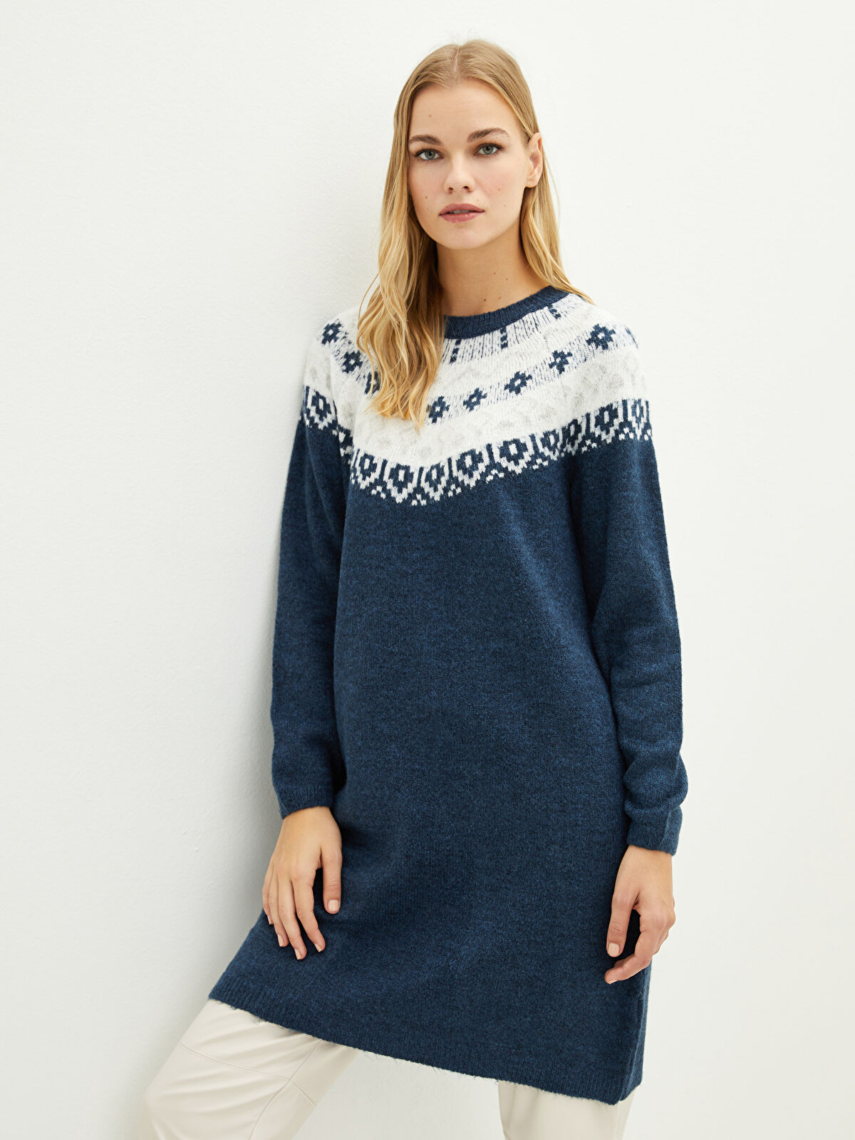 LCW CLASSIC Bisiklet Yaka Kendinden Desenli Uzun Kollu Kadın Triko Tunik