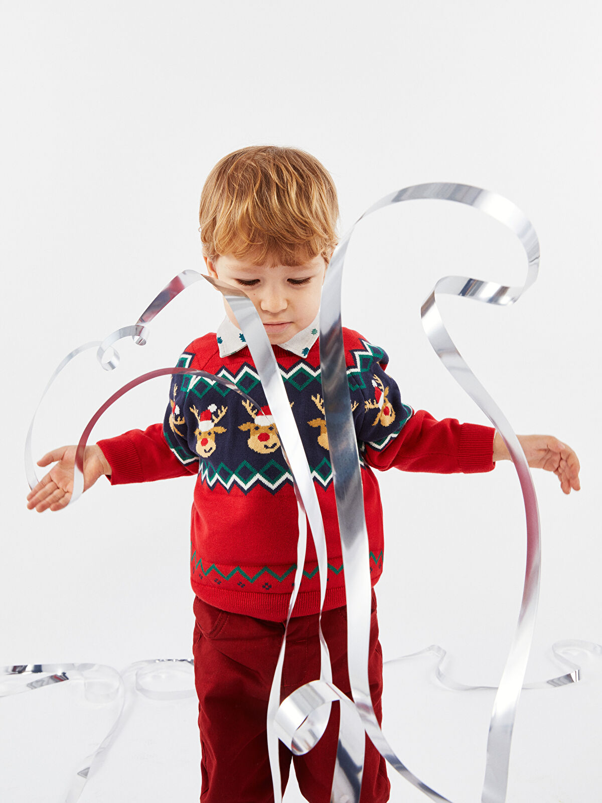 Bisiklet Yaka Uzun Kollu Yılbaşı Temalı Erkek Bebek Triko Kazak