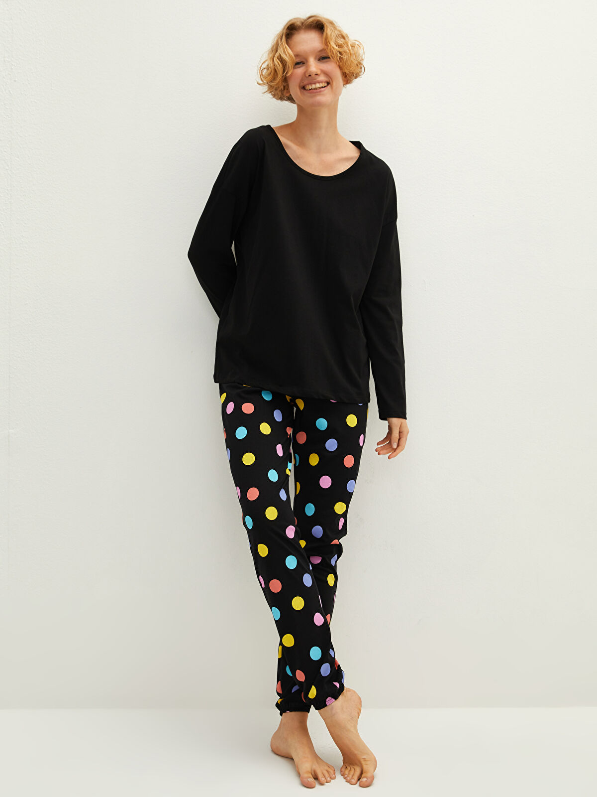 LCW DREAM Bisiklet Yaka Puantiyeli Uzun Kollu Pamuklu Kadın Pijama Takımı