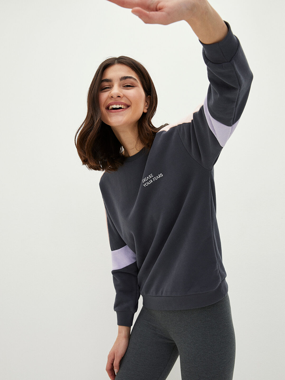 Bisiklet Yaka Renk Bloklu Uzun Kollu Kadın Sweatshirt Anne Kız Kombini