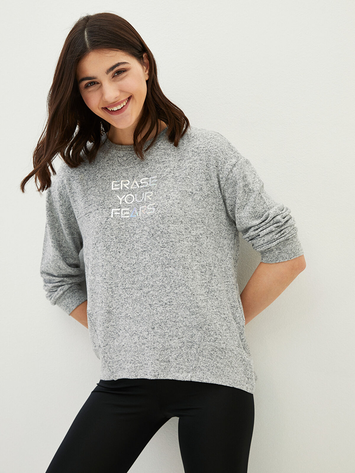 Bisiklet Yaka Baskılı Uzun Kollu Kadın Sweatshirt Anne Kız Kombini