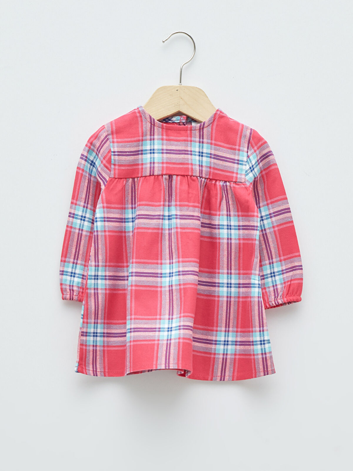 Bisiklet Yaka Uzun Kollu Ekose Desenli Pamuklu Kız Bebek Elbise