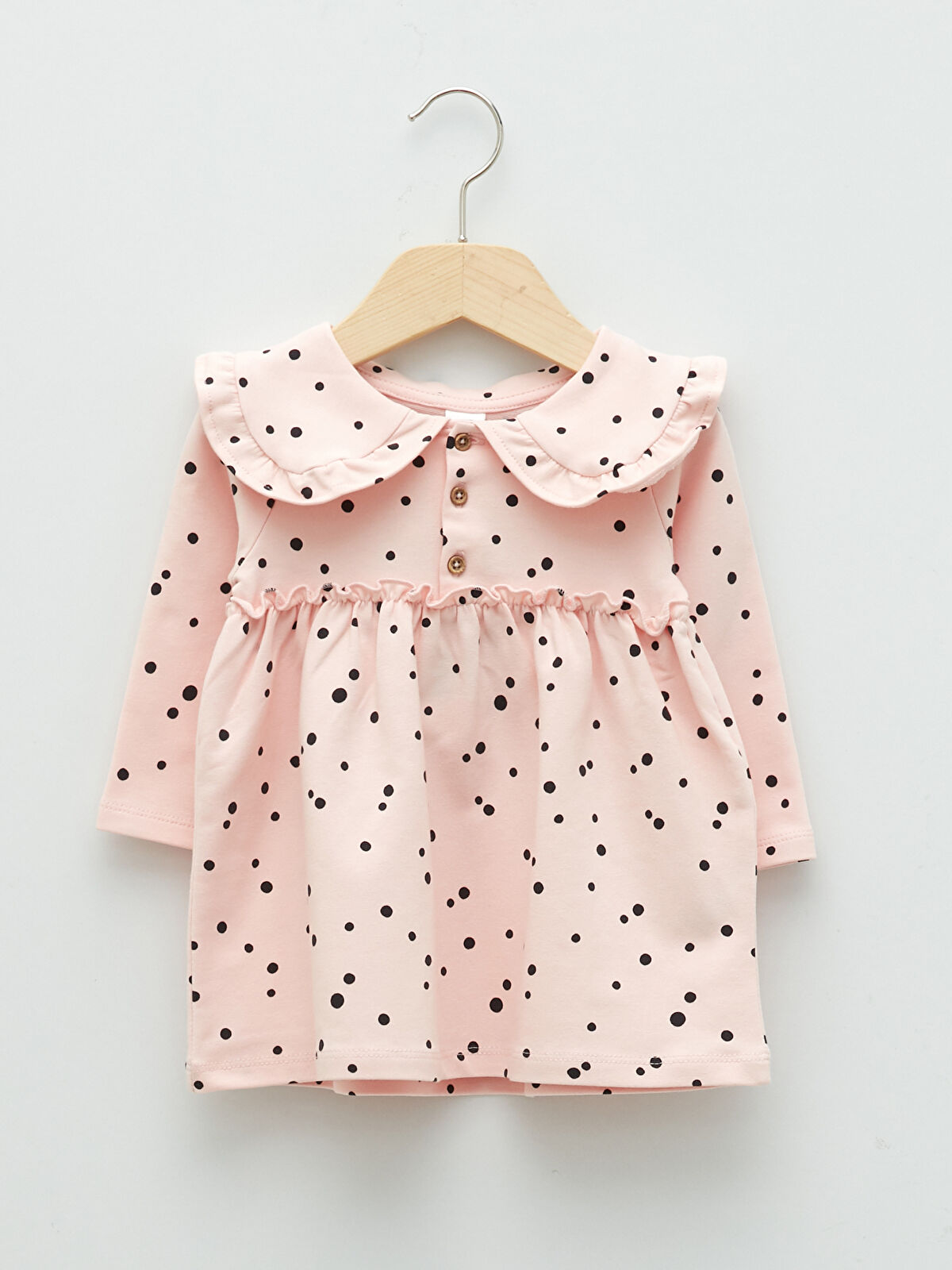 Bebe Yaka Uzun Kollu Puantiye Desenli Pamuklu Kız Bebek Elbise