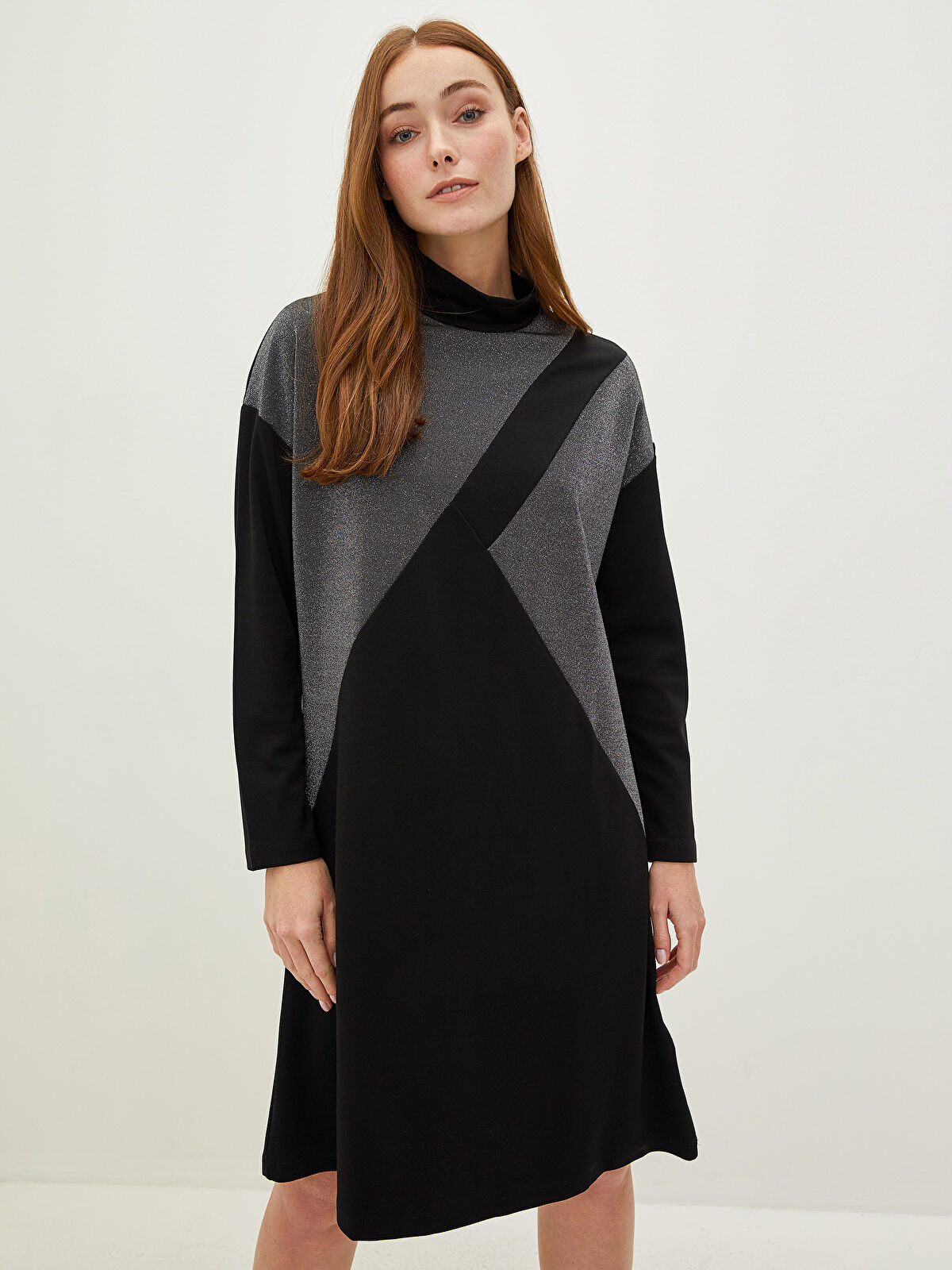 LCW CLASSIC Dik Yaka Renk Bloklu Sim Detaylı Uzun Kollu Ponte Kumaş Kadın Elbise