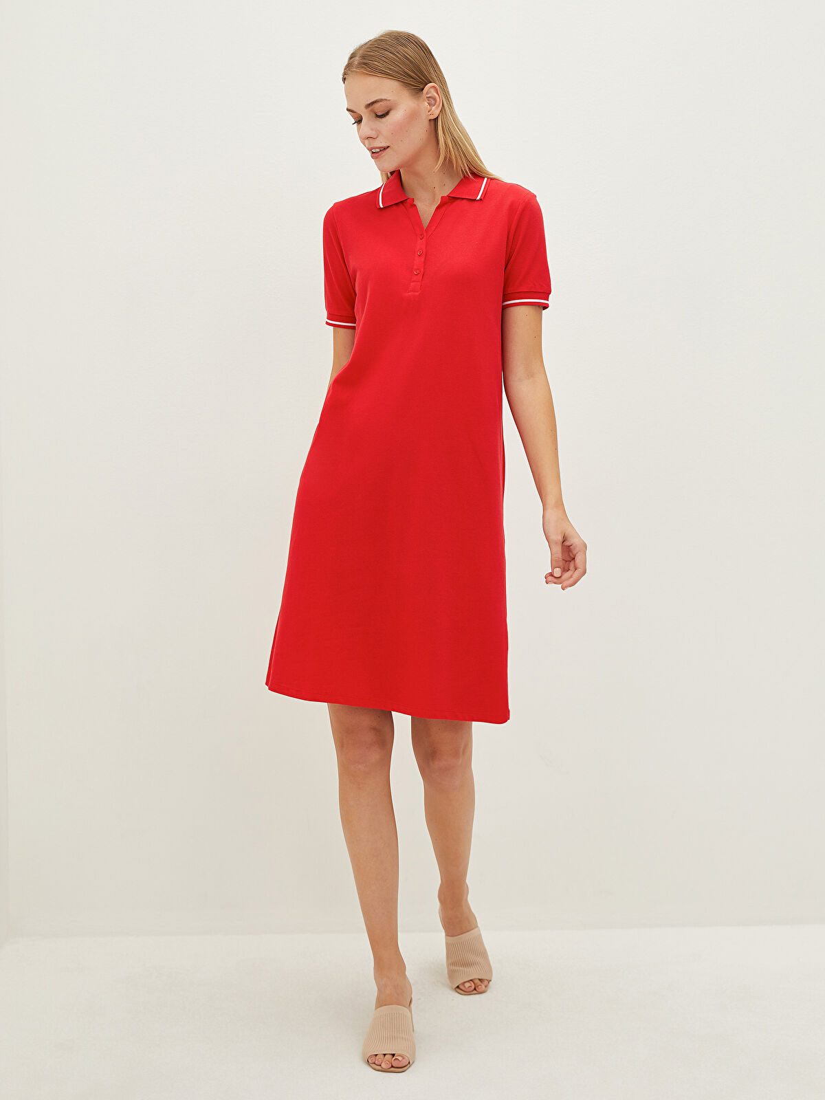 LCW CLASSIC Polo Yaka Düz Kısa Kollu Pamuklu Kadın Elbise