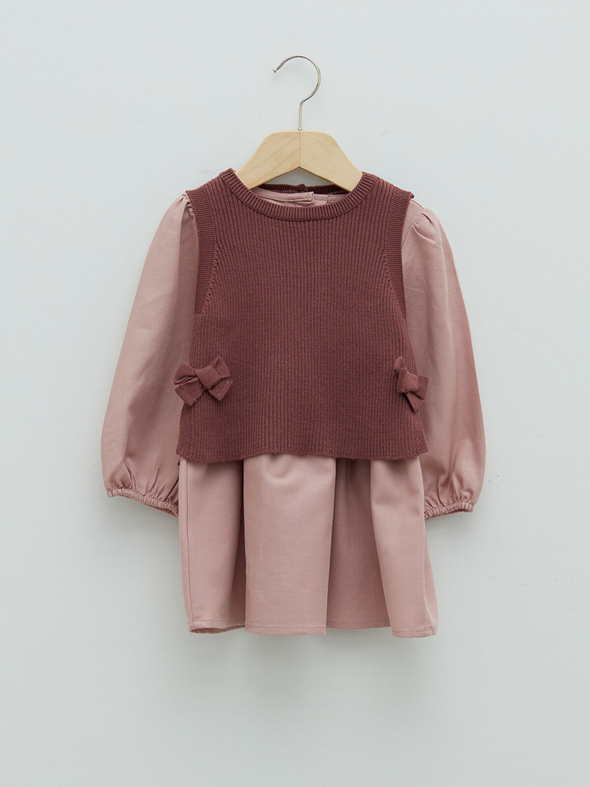 Bisiklet Yaka Uzun Kollu Basic Kız Bebek Elbise ve Süveter 2'li Takım