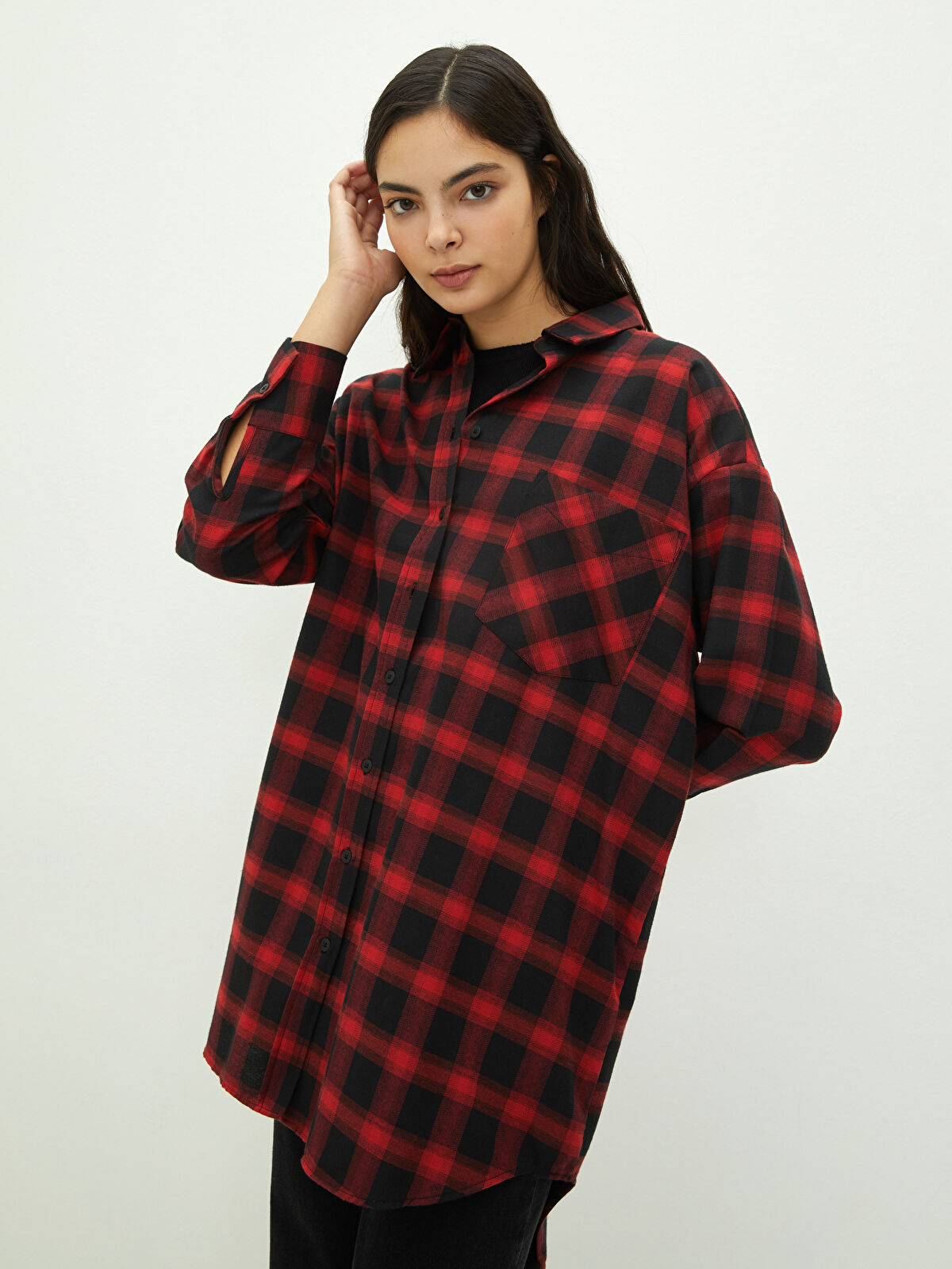 MODEST Gömlek Yaka Ekose Uzun Kollu Oversize Kadın Tunik