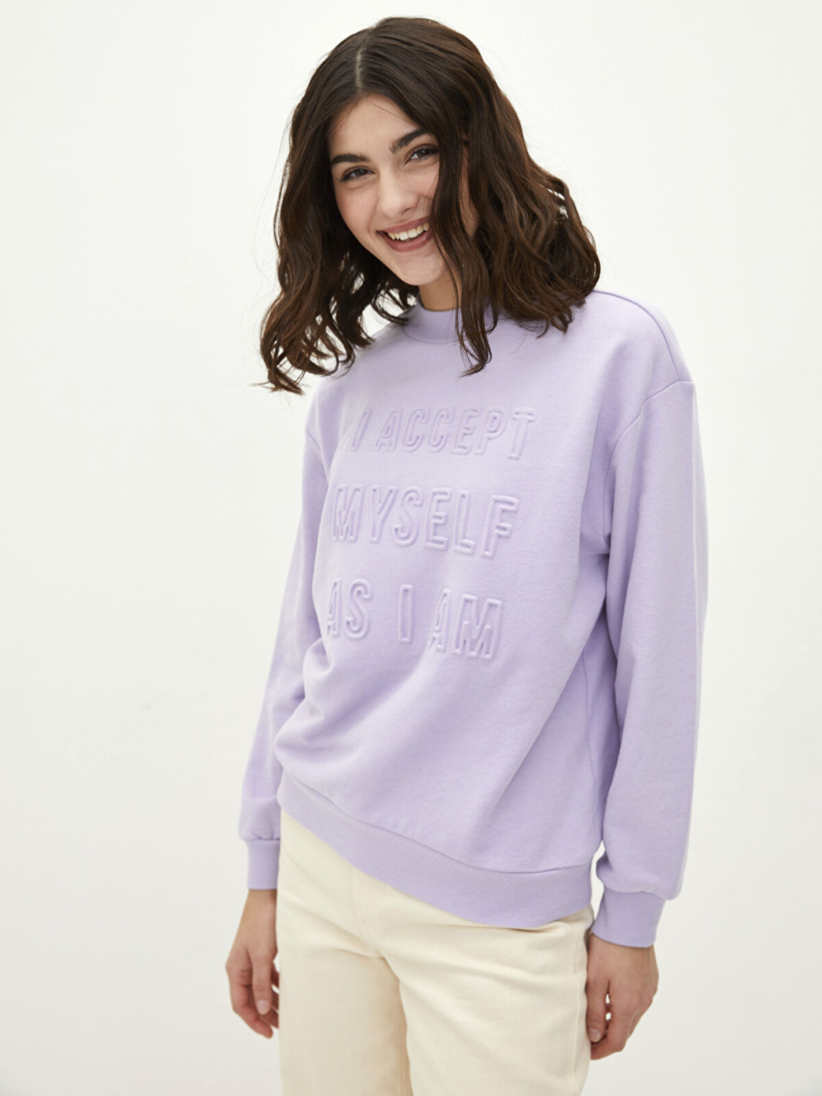 Bisiklet Yaka Yazı Baskılı Uzun Kollu Kadın Sweatshirt Anne Kız Kombini