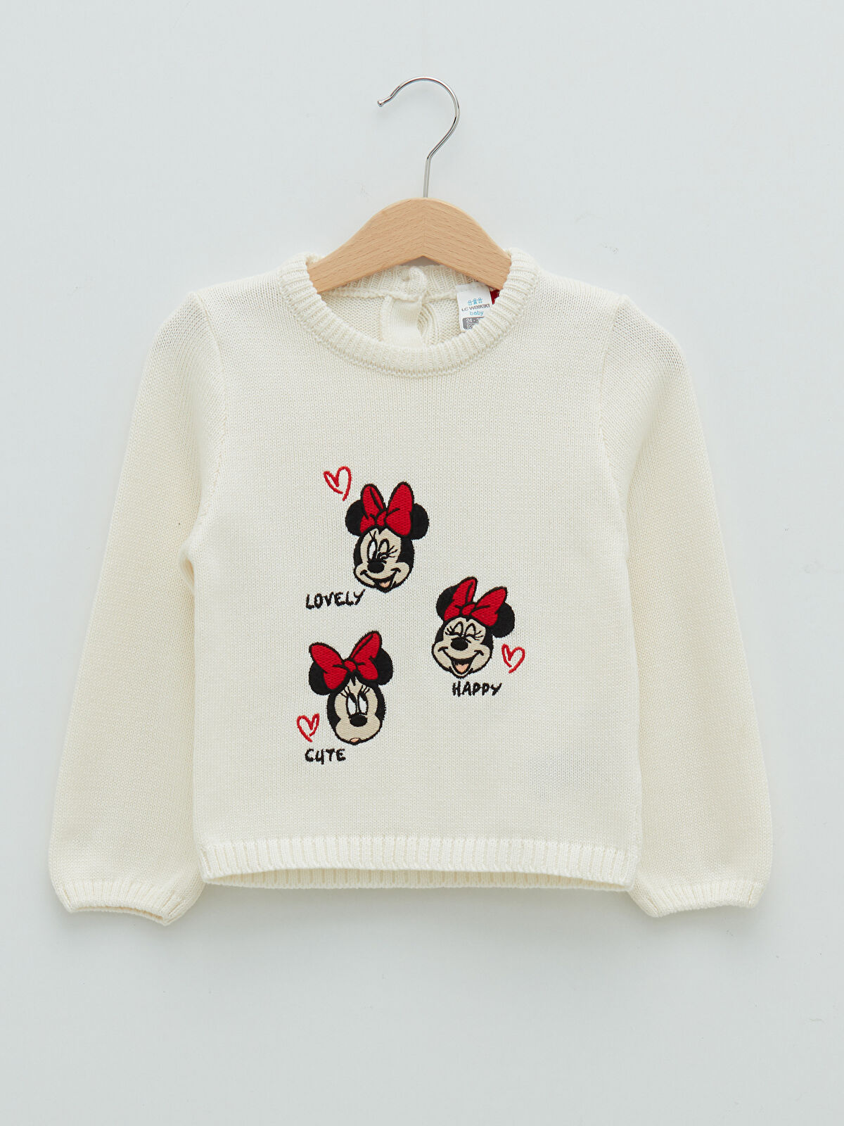 Bisiklet Yaka Uzun Kollu Minnie Mouse Nakış Detaylı Kız Bebek Triko Kazak