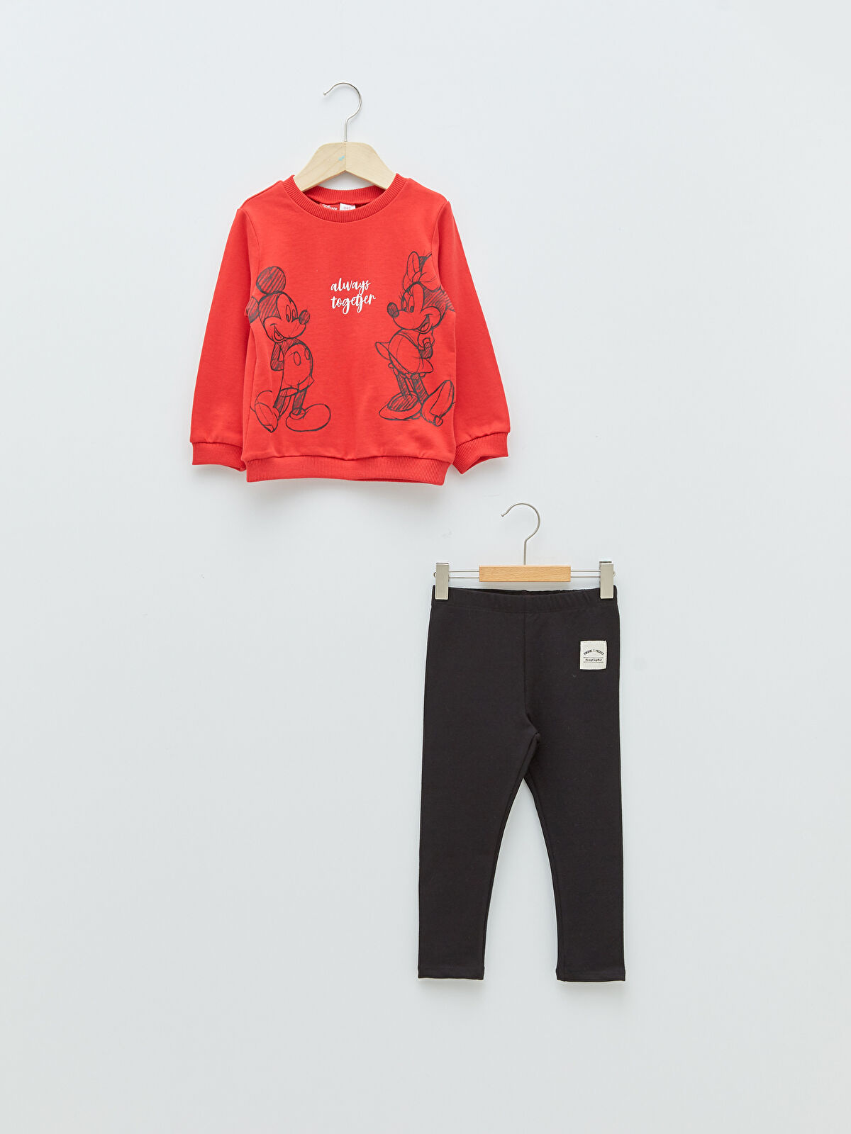 Bisiklet Yaka Uzun Kollu Minnie ve Mickey Mouse Baskılı Pamuklu Kız Bebek Sweatshirt ve Tayt 2'li Takım