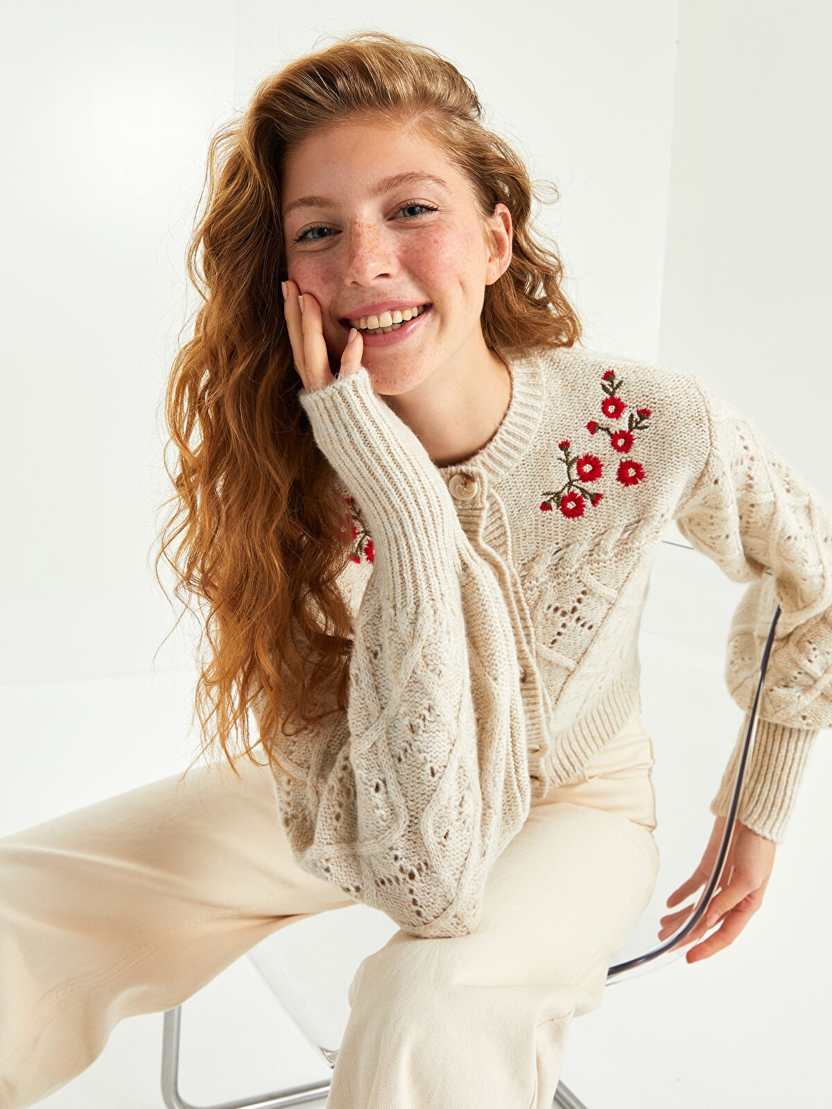 XSIDE Bisiklet Yaka Nakışlı Uzun Kollu Kadın Triko Hırka