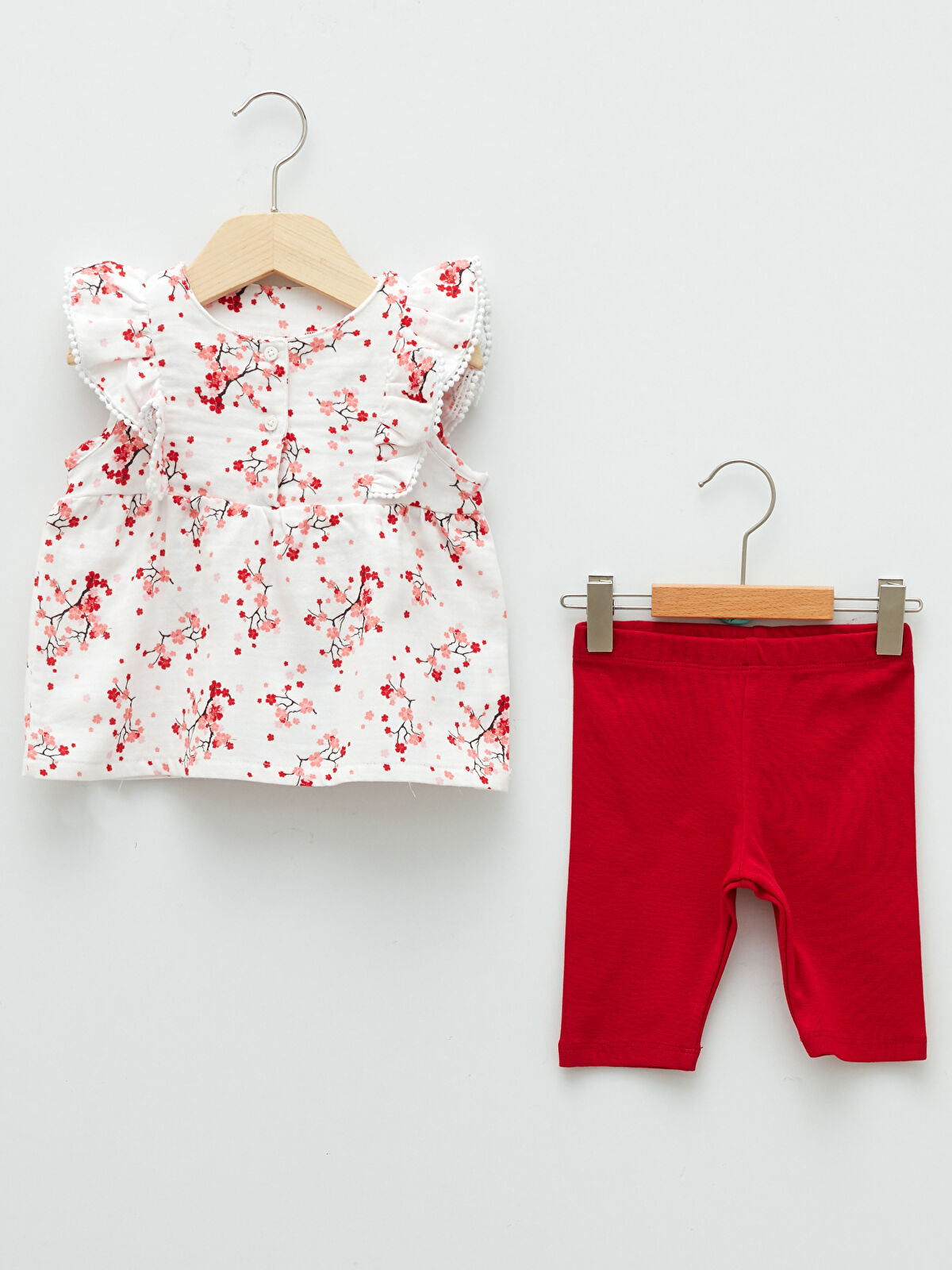 Bisiklet Yaka Baskılı Pamuklu Kız Bebek Bluz ve Tayt 2'li Takım