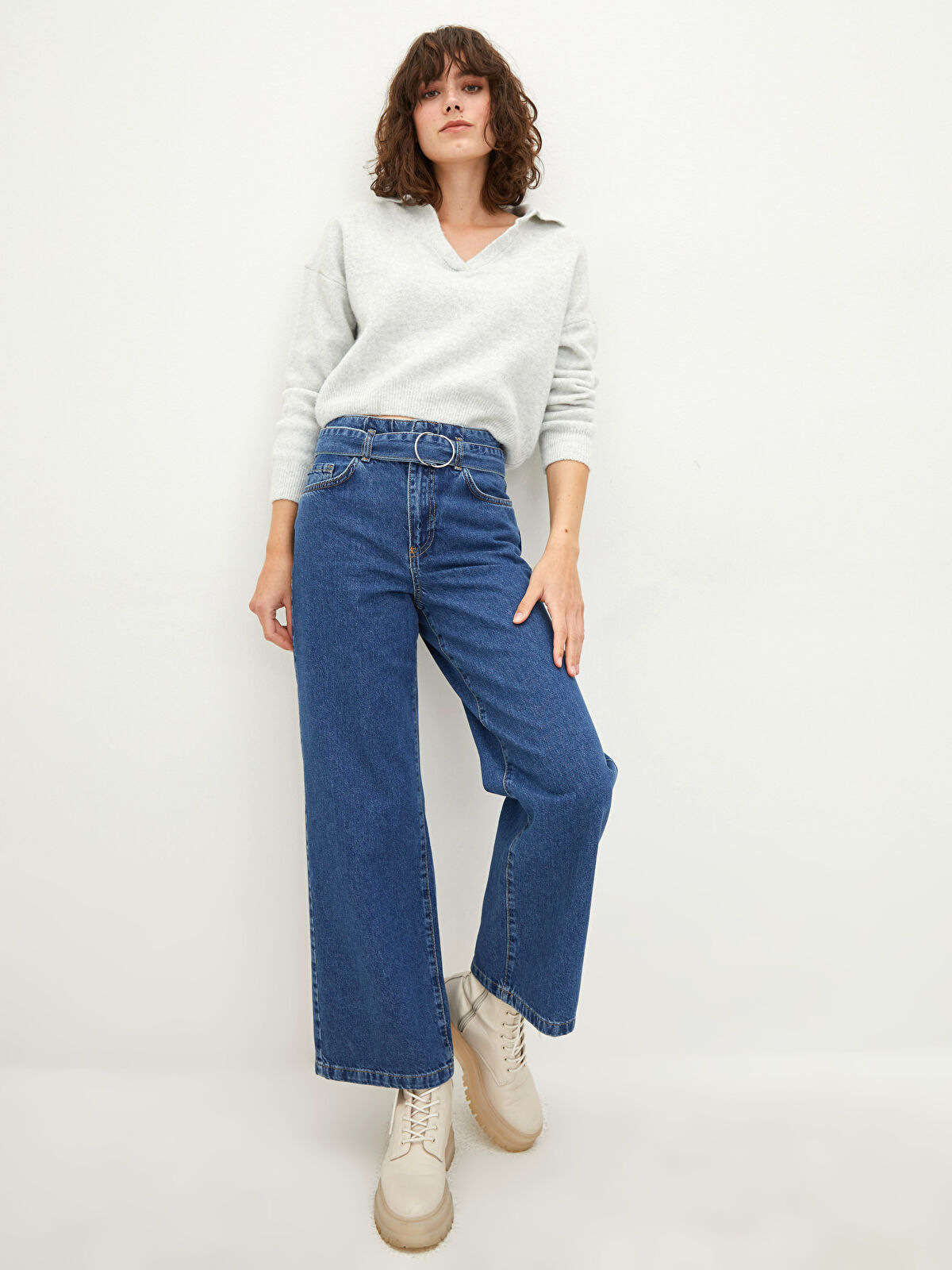 Yüksek Bel Rahat Kalıp Geniş Paça Rodeo Kadın Jean Pantolon