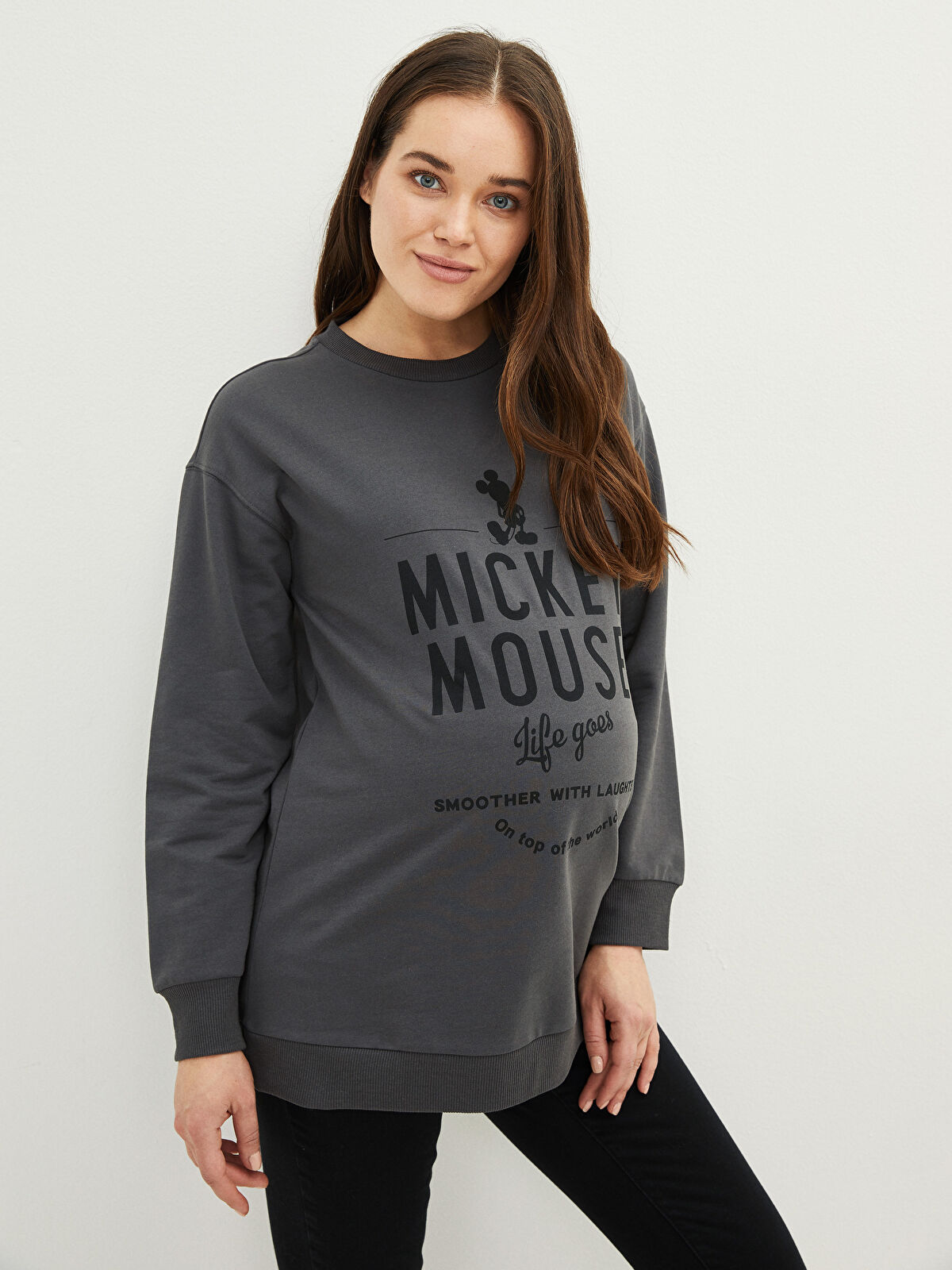 Bisiklet Yaka Mickey Mouse Baskılı Uzun Kollu Hamile Sweatshirt