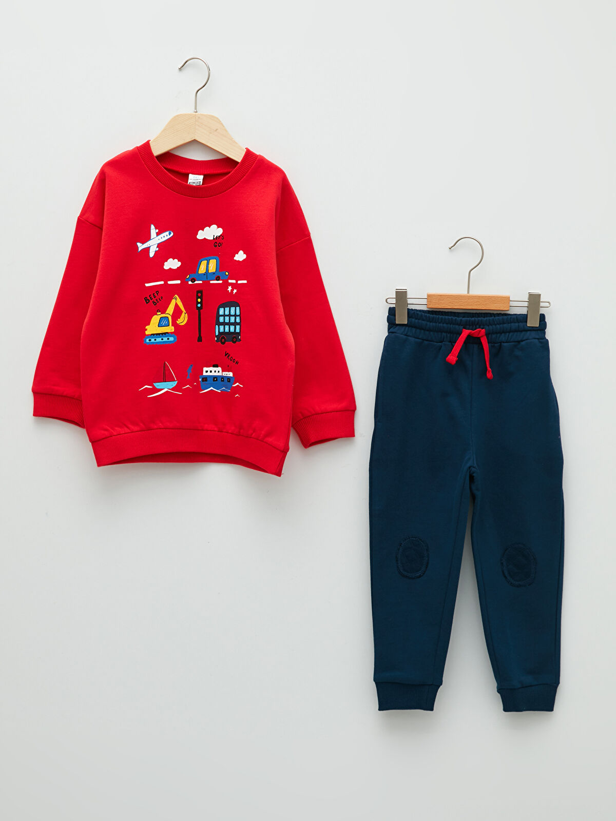 Bisiklet Yaka Uzun Kollu Baskılı Pamuklu Erkek Bebek Sweatshirt ve Pantolon 2'li Takım
