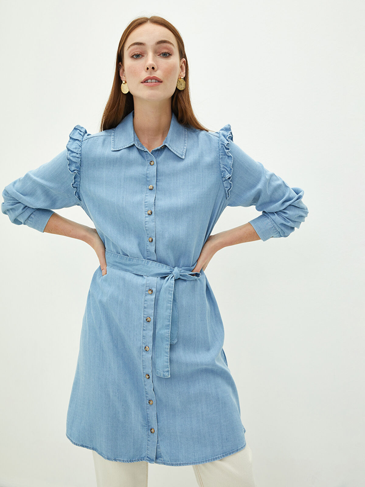 LCW CLASSIC Gömlek Yaka Fırfır Detaylı Uzun Kollu Kadın Jean Tunik