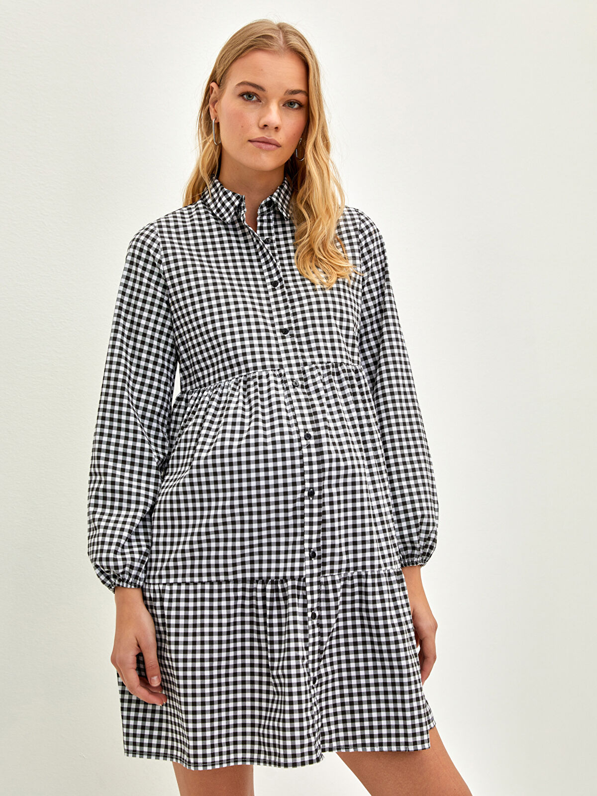 Gömlek Yaka Uzun Kollu Ekose Hamile Elbise