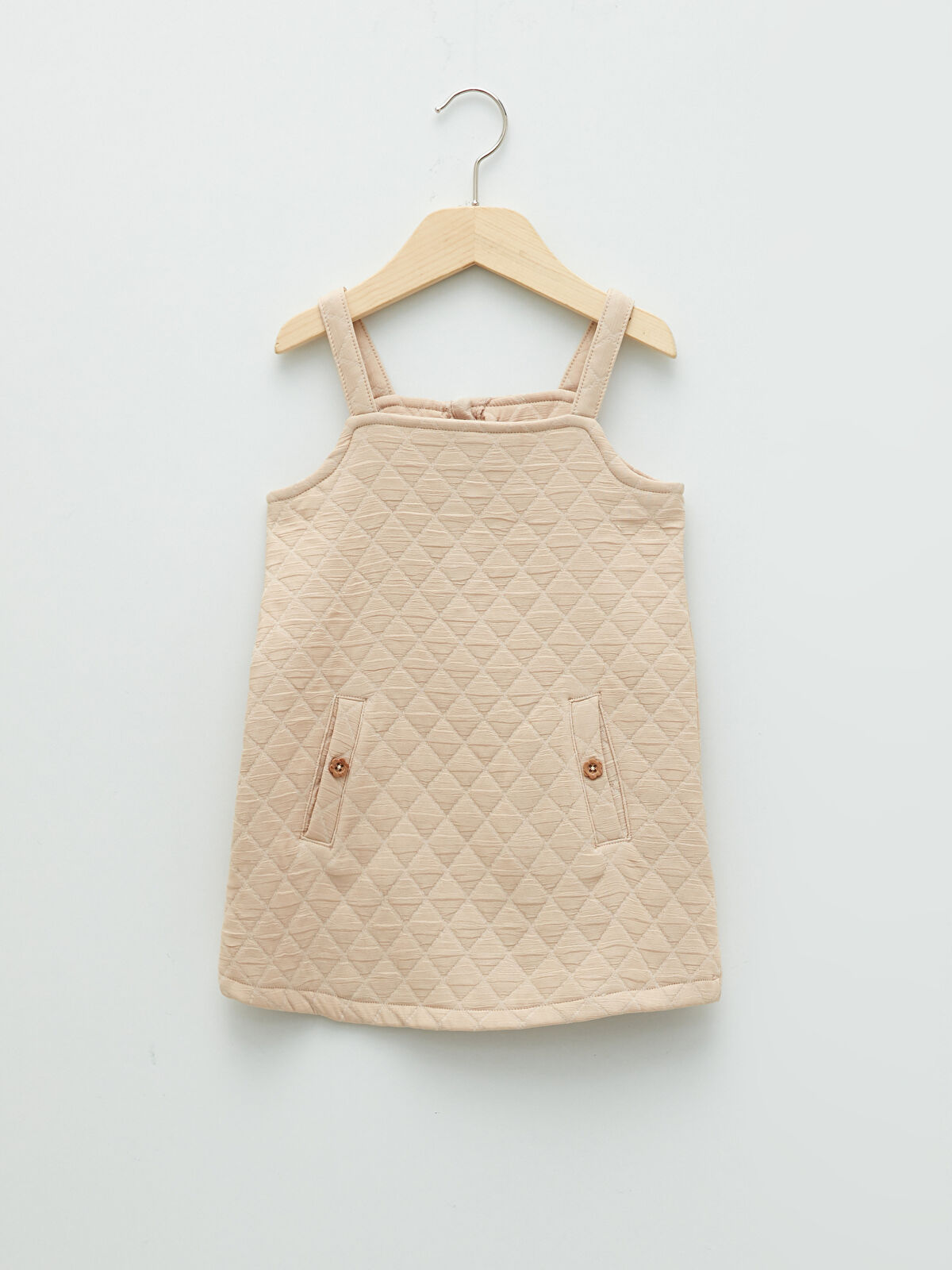 Kare Yaka Askılı Kapitone Desenli Kız Bebek Elbise