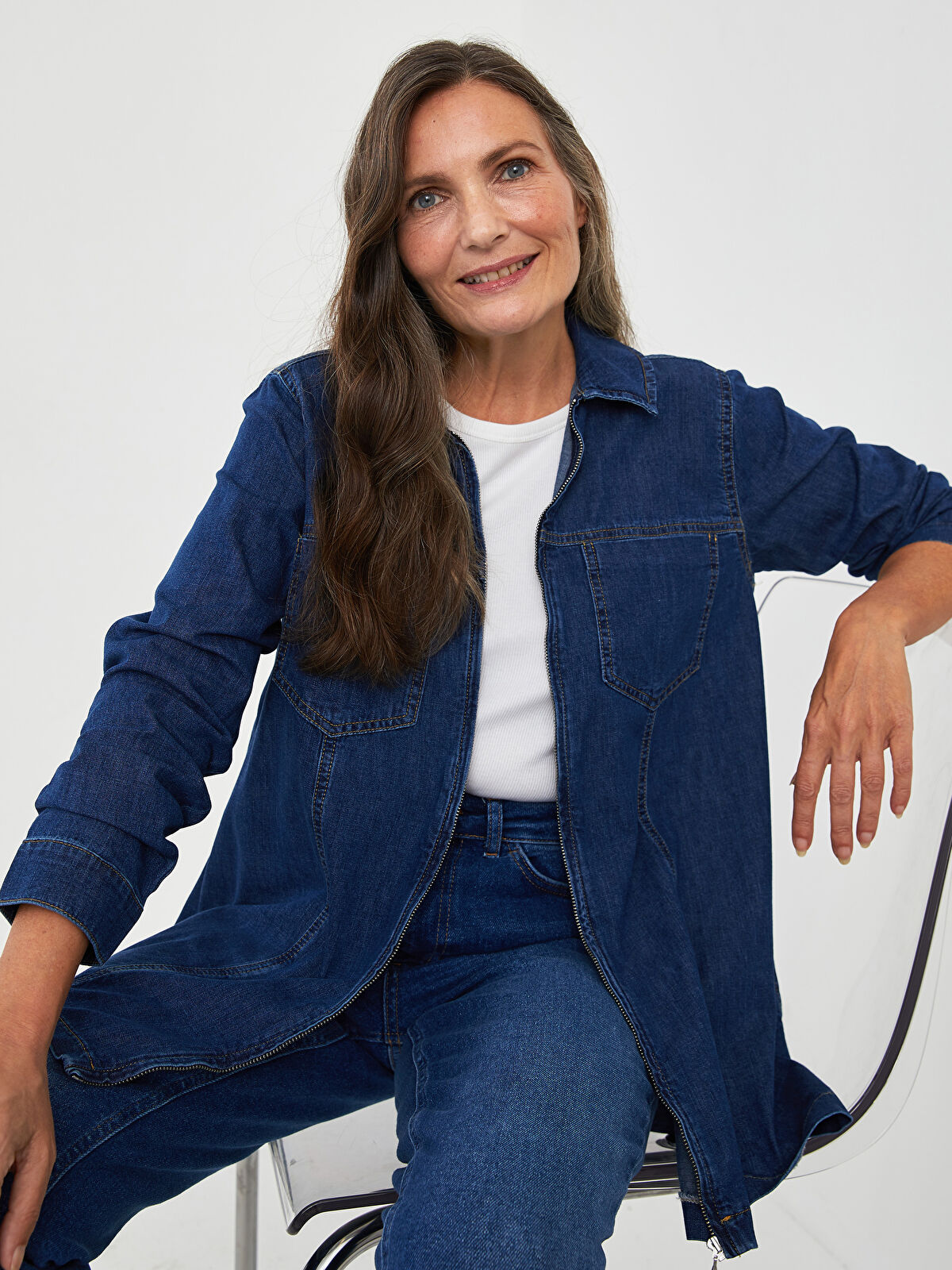 LCW GRACE Gömlek Yaka Düz Uzun Kollu Kadın Jean Tunik