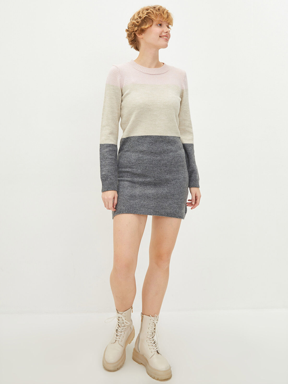 LCW CASUAL Bisiklet Yaka Renk Bloklu Uzun Kollu Kadın Triko Elbise