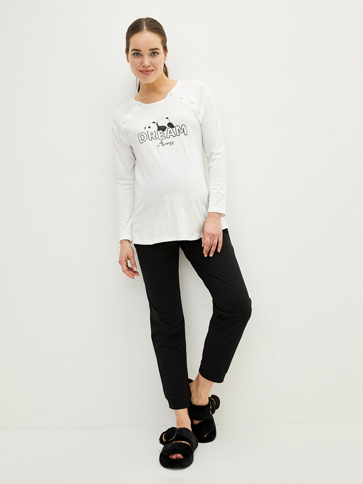 LCW DREAM Bisiklet Yaka Baskılı Uzun Kollu Emzirme Özellikli Pamuklu Hamile Pijama Takımı