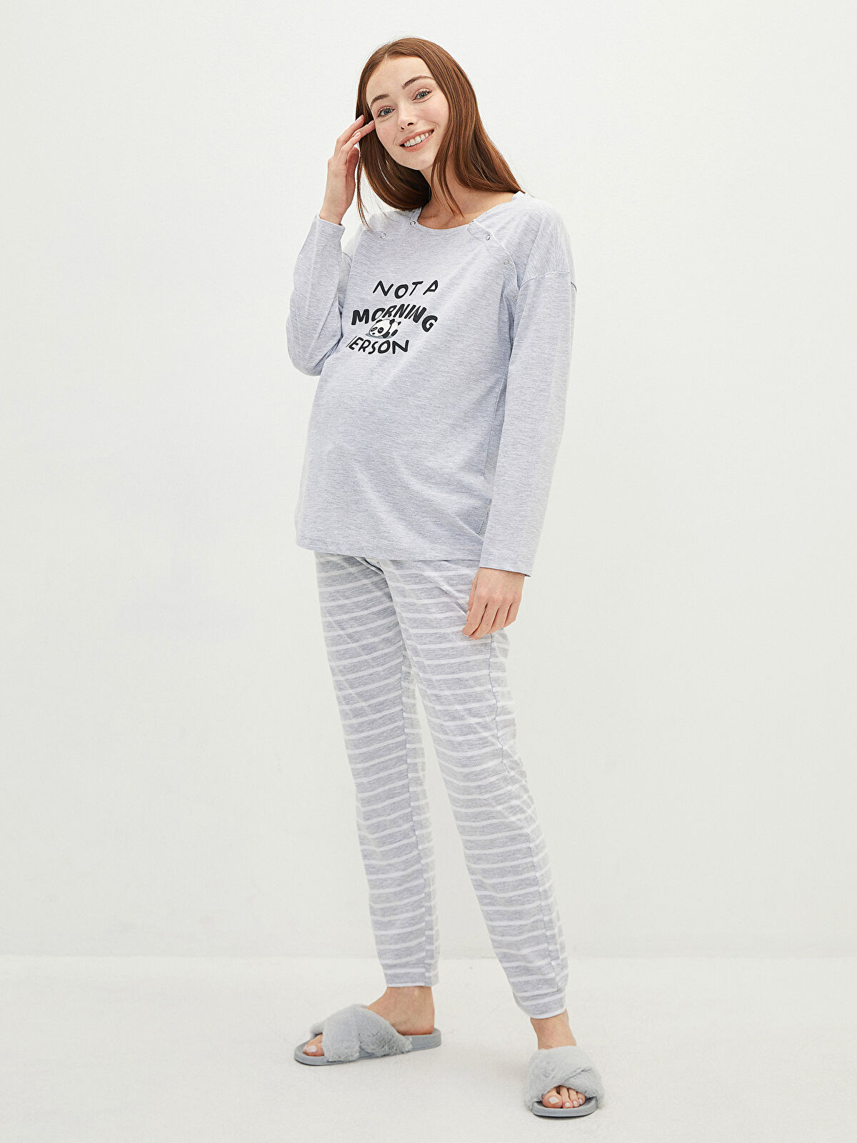 LCW DREAM Bisiklet Yaka Baskılı Uzun Kollu Hamile Pijama Takımı