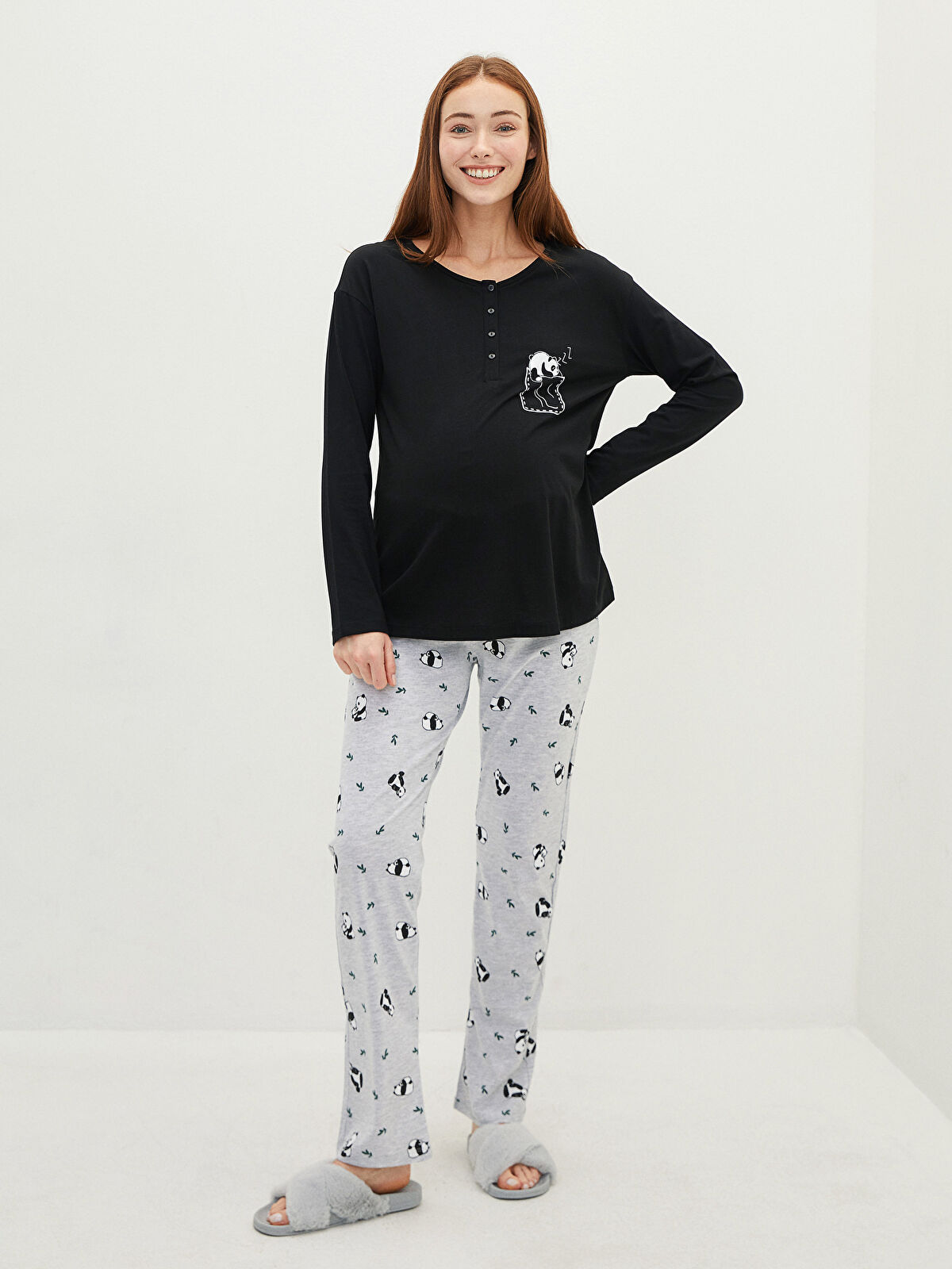 LCW DREAM Bisiklet Yaka Baskılı Uzun Kollu Hamile Pijama Takımı