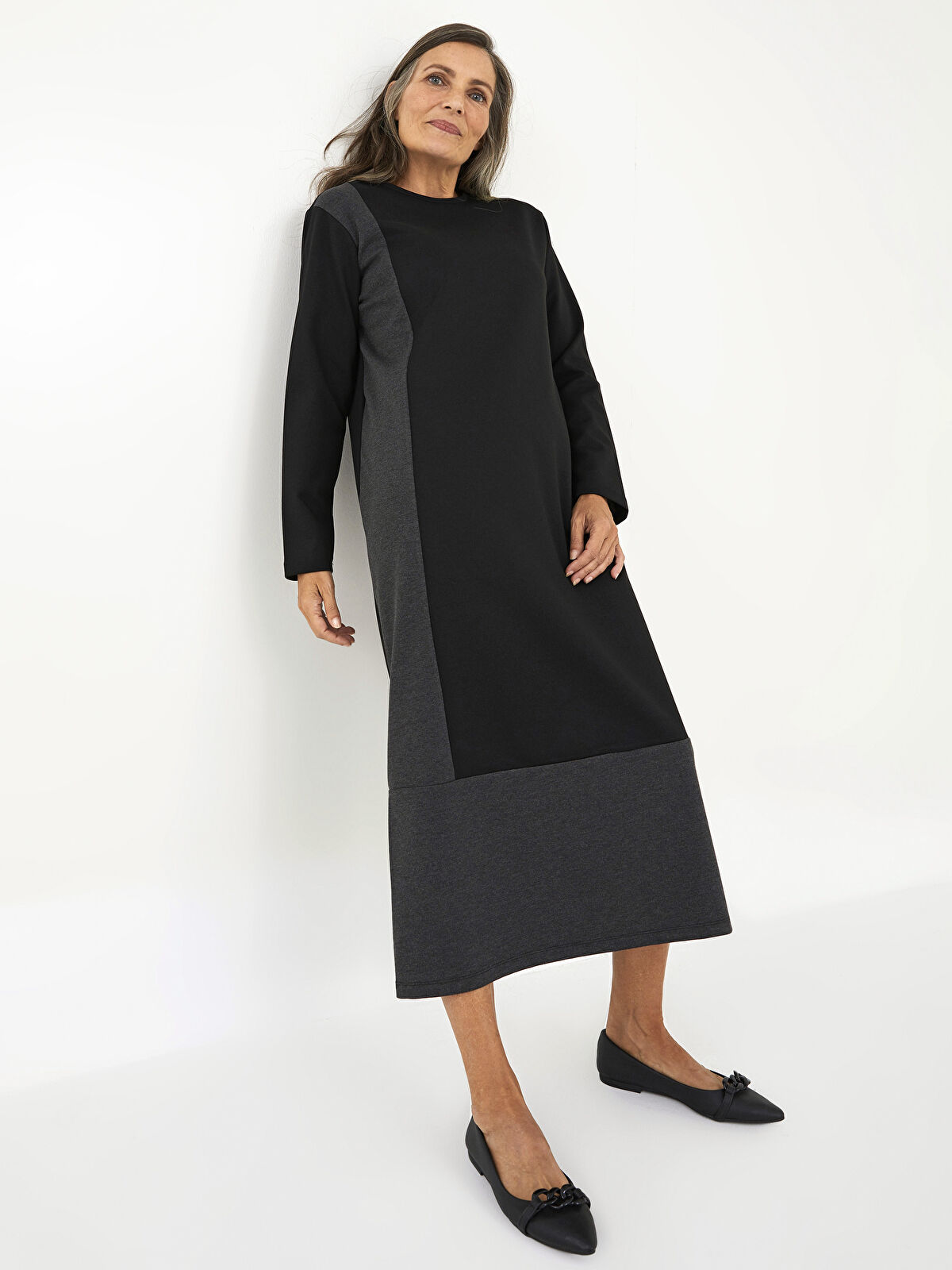 LCW GRACE Bisiklet Yaka Renk Bloklu Uzun Kollu Ponte Kumaş Kadın Elbise