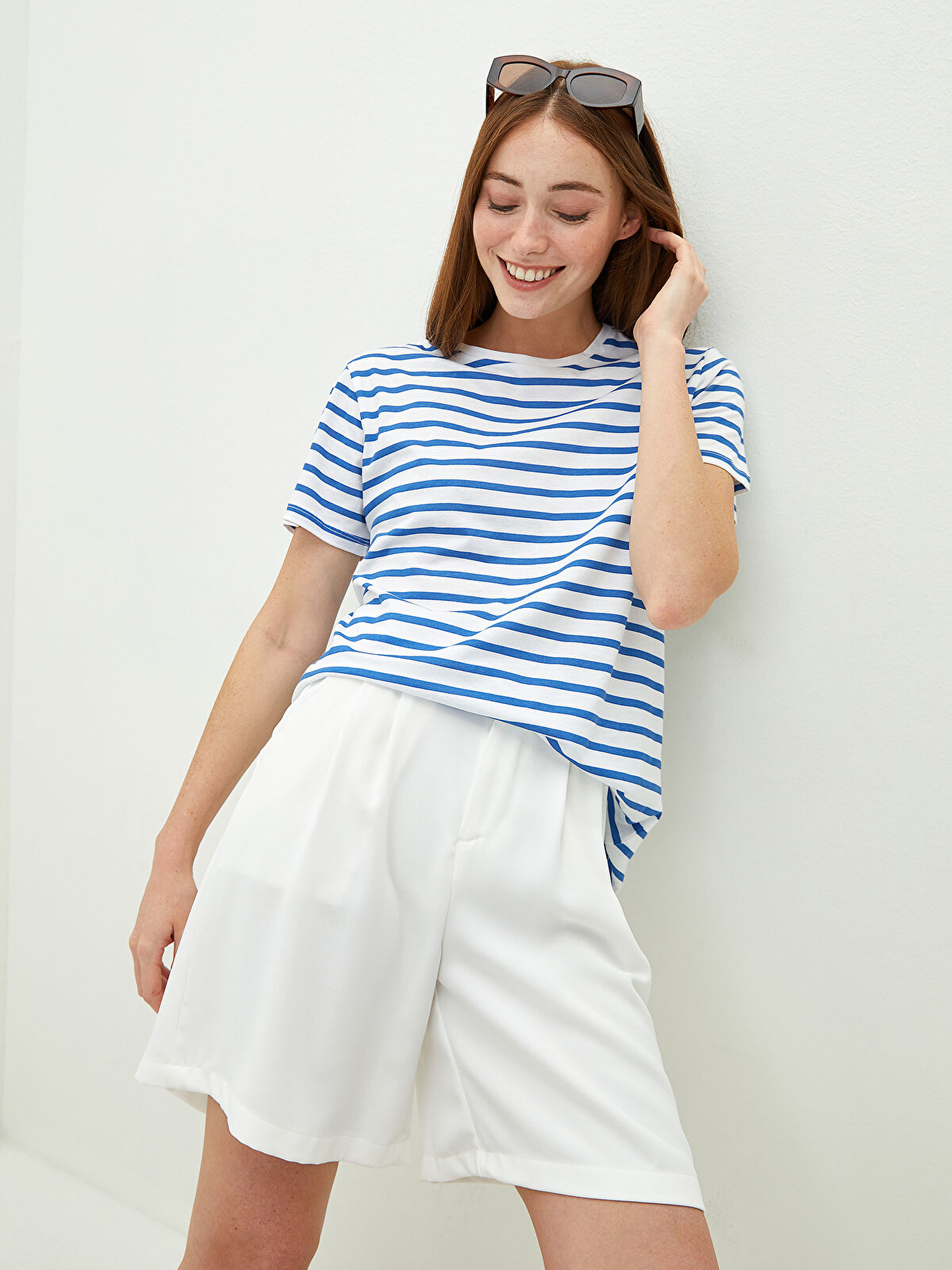 LCW BASIC Bisiklet Yaka Çizgili Kısa Kollu Pamuklu Kadın Tişört