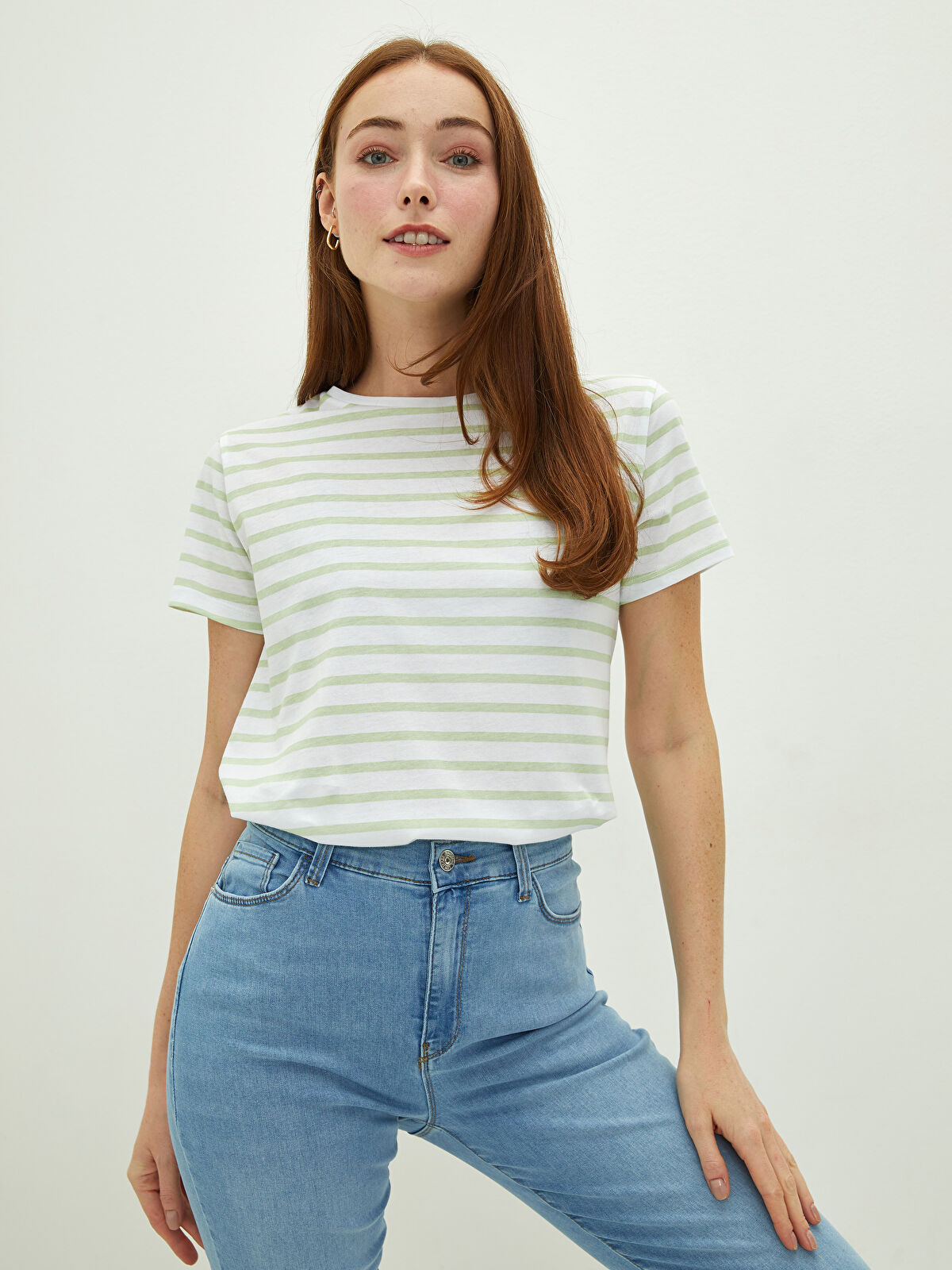 LCW BASIC Bisiklet Yaka Çizgili Kısa Kollu Pamuklu Kadın Tişört
