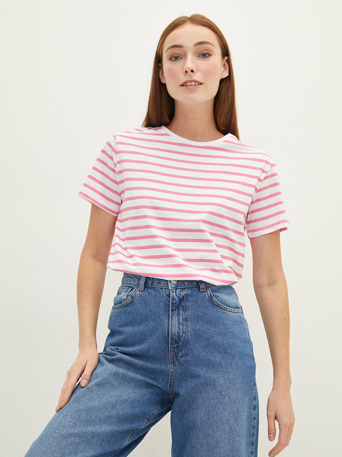 LCW BASIC Bisiklet Yaka Çizgili Kısa Kollu Pamuklu Kadın Tişört