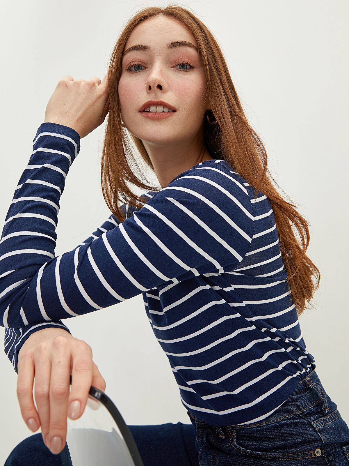 LCW BASIC Bisiklet Yaka Çizgili Uzun Kollu Pamuklu Kadın Tişört