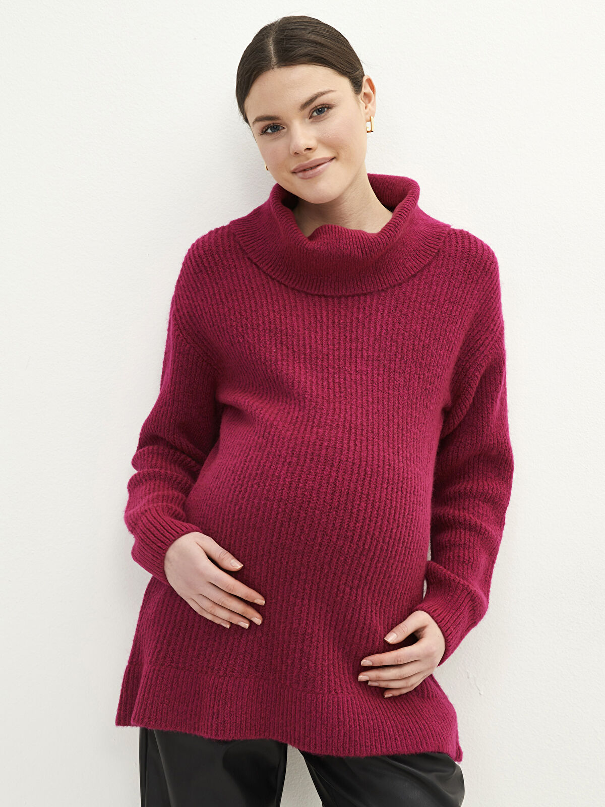 Dökümlü Yaka Düz Uzun Kollu Kalın Hamile Triko Tunik