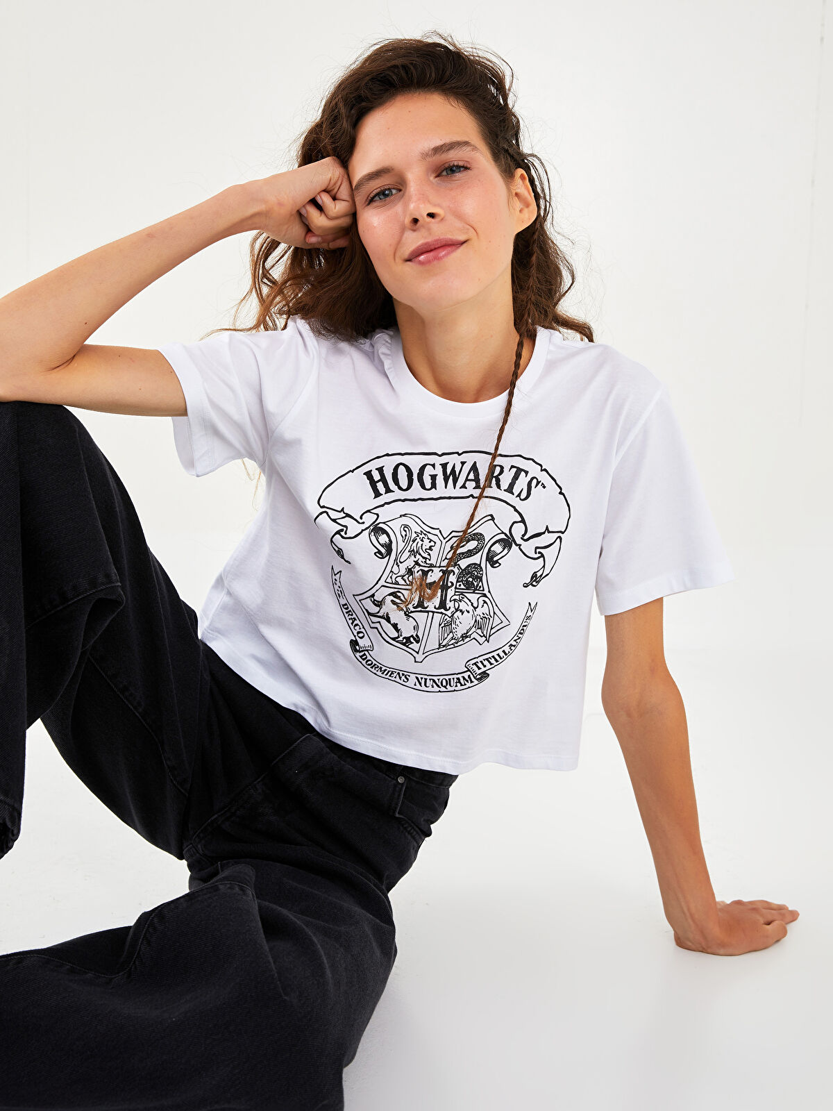 XSIDE Bisiklet Yaka Harry Potter Baskılı Kısa Kollu Pamuklu Crop Kadın Tişört