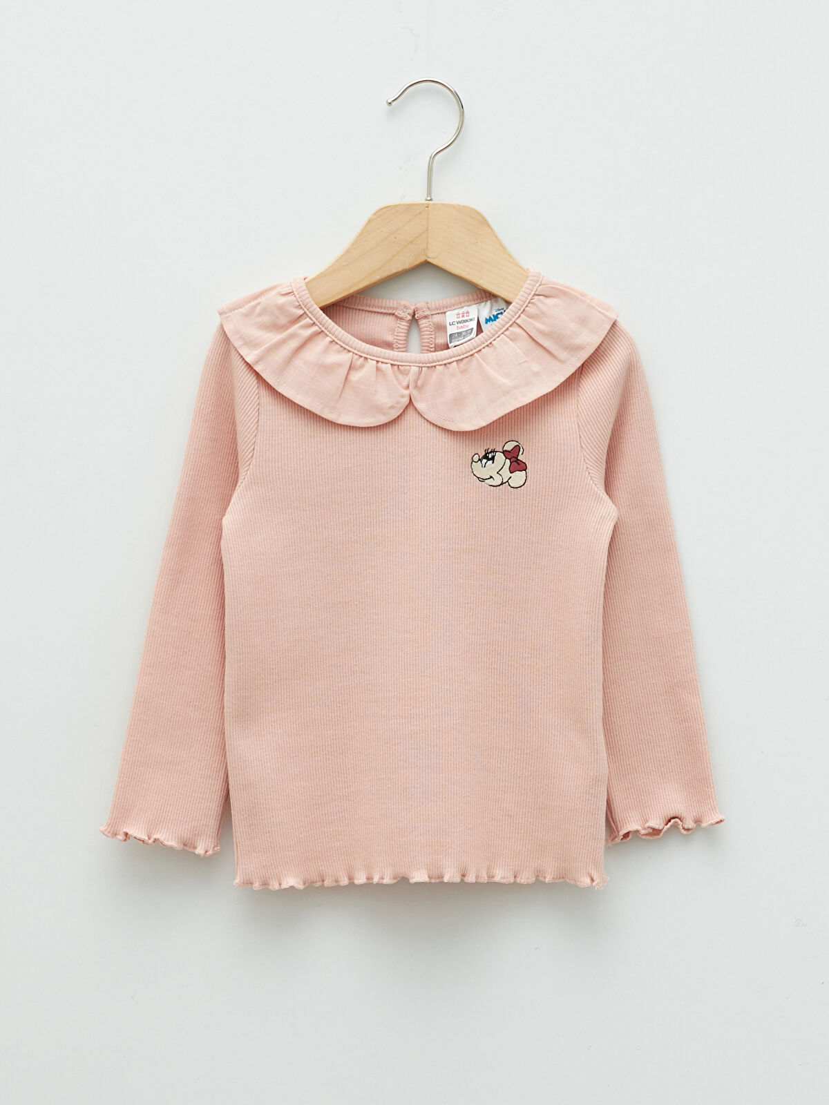 Bisiklet Yaka Uzun Kollu Minnie Mouse Nakışlı Pamuklu Kız Bebek Tişört