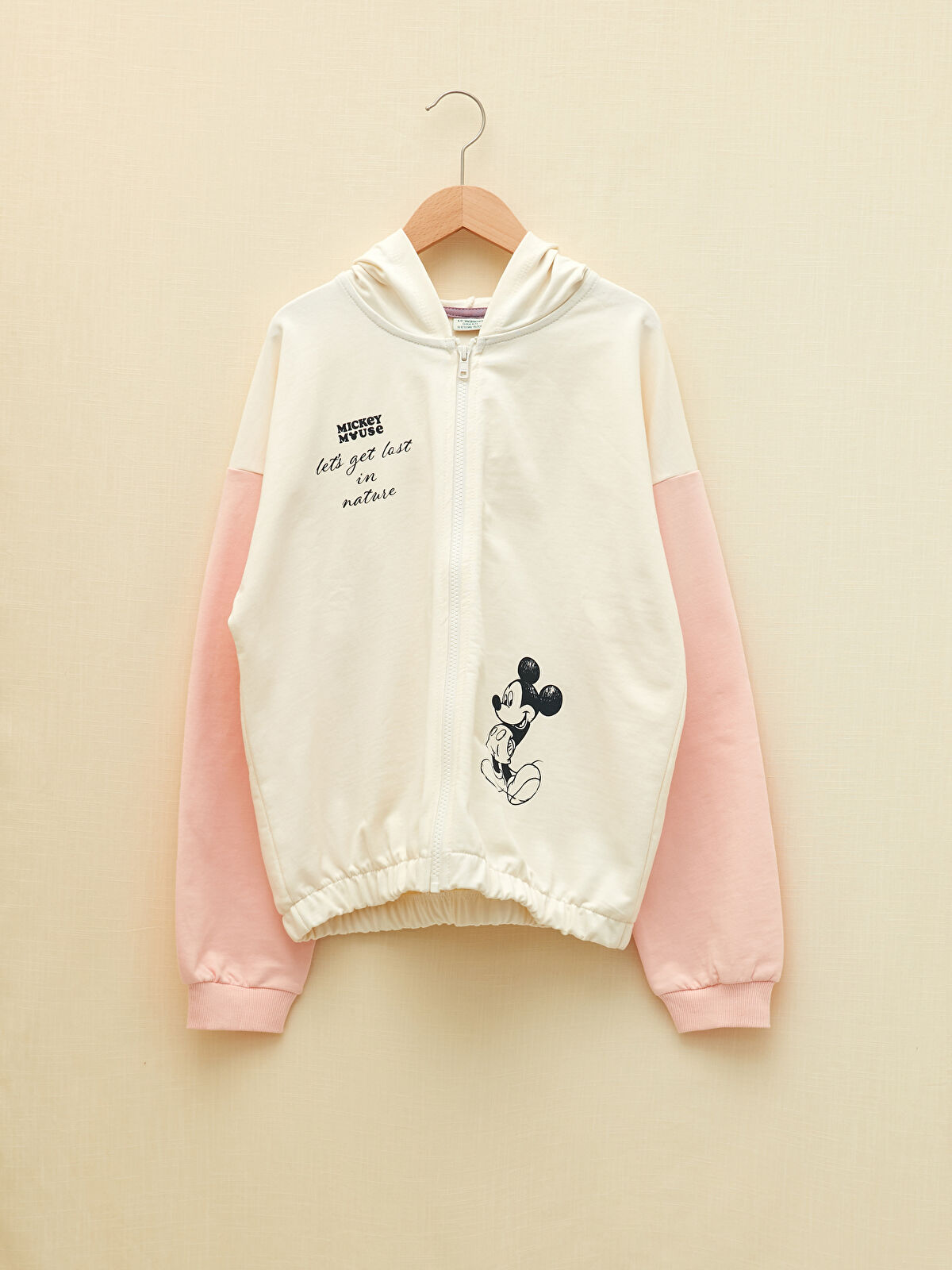 LCW GREEN Kapüşonlu Mickey Mouse Baskılı Uzun Kollu Organik Pamuklu Kız Çocuk Fermuarlı Sweatshirt