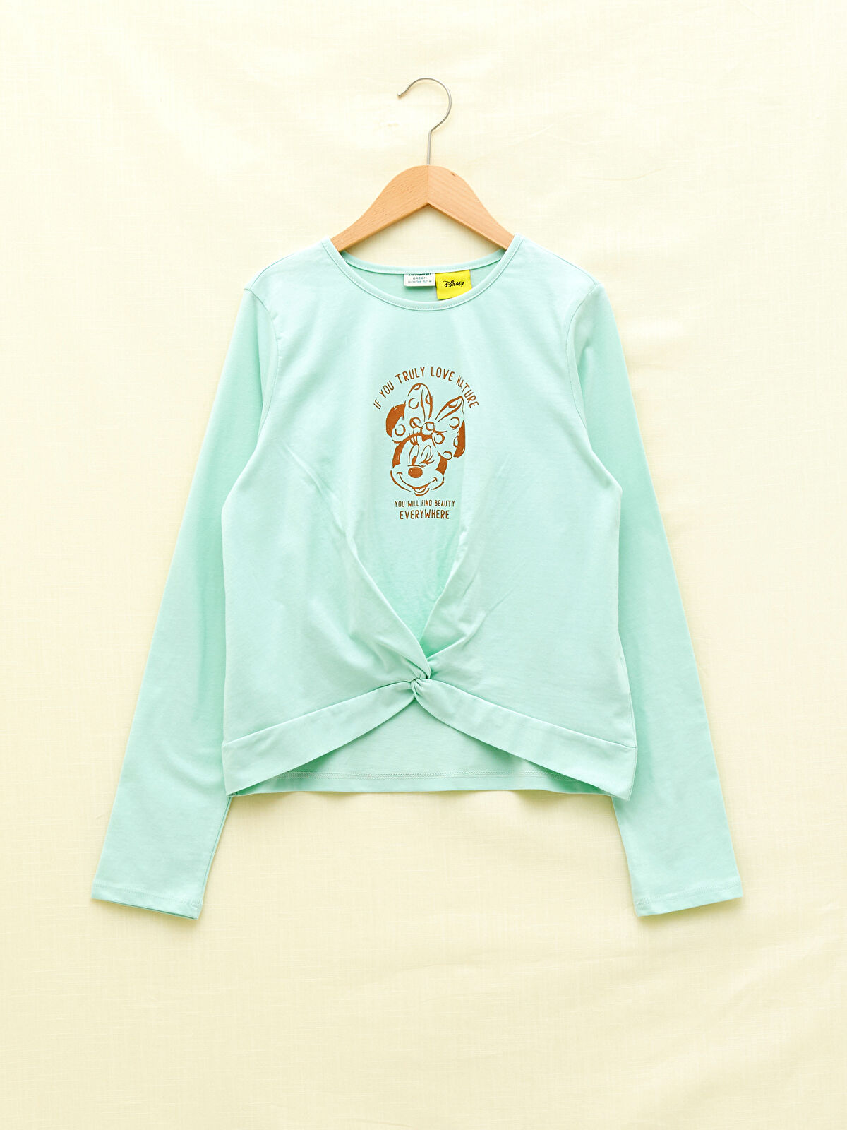 LCW GREEN Bisiklet Yaka Minnie Mouse Baskılı Uzun Kollu Organik Pamuklu Kız Çocuk Tişört