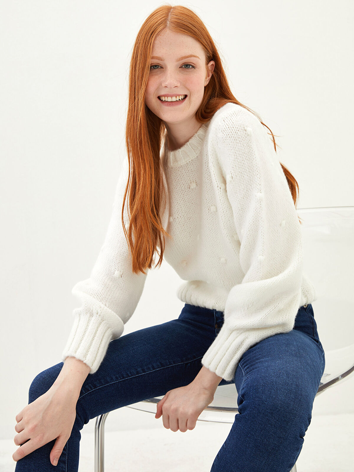 LCW CASUAL Bisiklet Yaka Ponpon Detaylı Uzun Kollu Kadın Triko Kazak