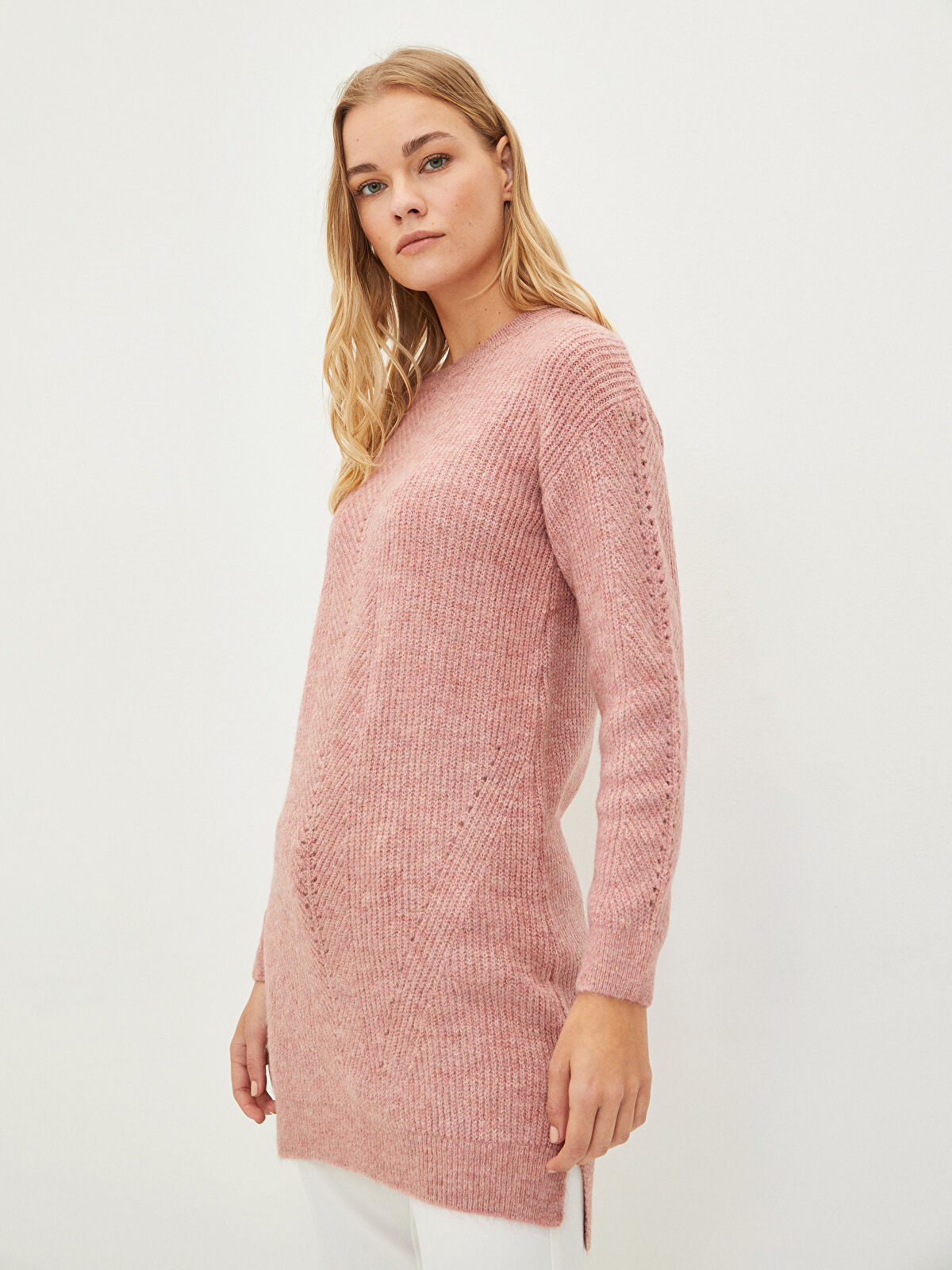 LCW CLASSIC Bisiklet Yaka Kendinden Desenli Uzun Kollu Kadın Triko Tunik