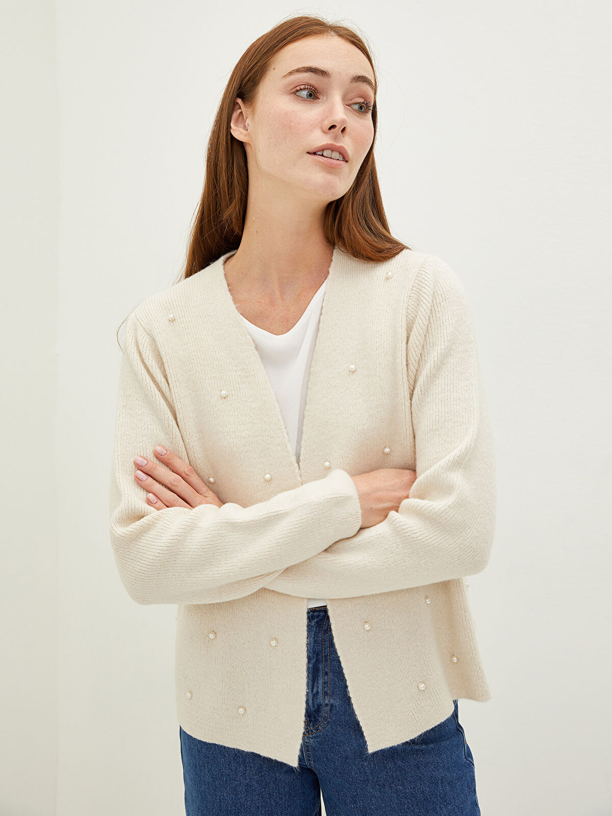 LCW CLASSIC İnci Detaylı Uzun Kollu Kadın Triko Hırka