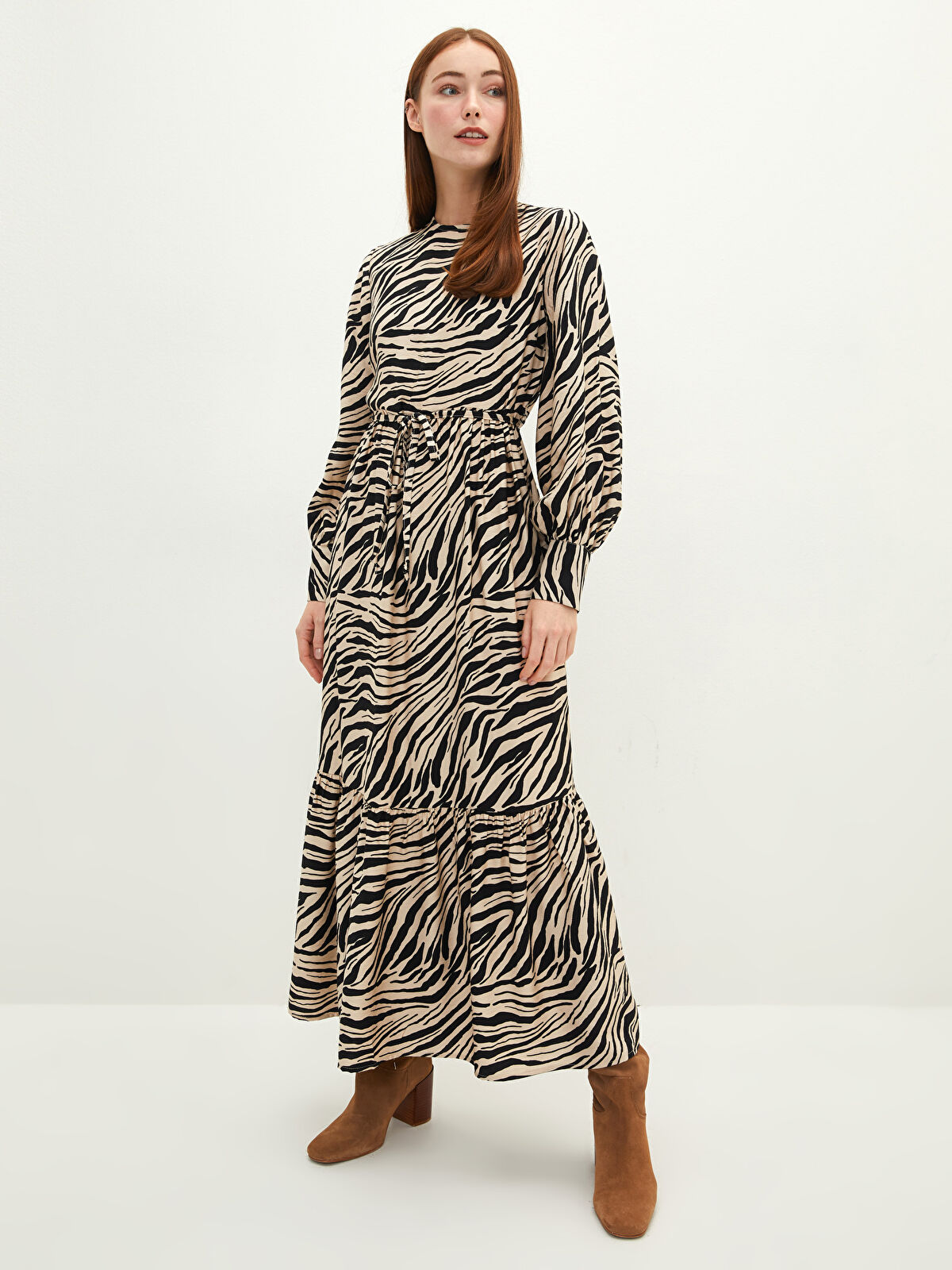 MODEST Bisiklet Yaka Desenli Beli Bağlama Detaylı Uzun Kollu Kadın Elbise