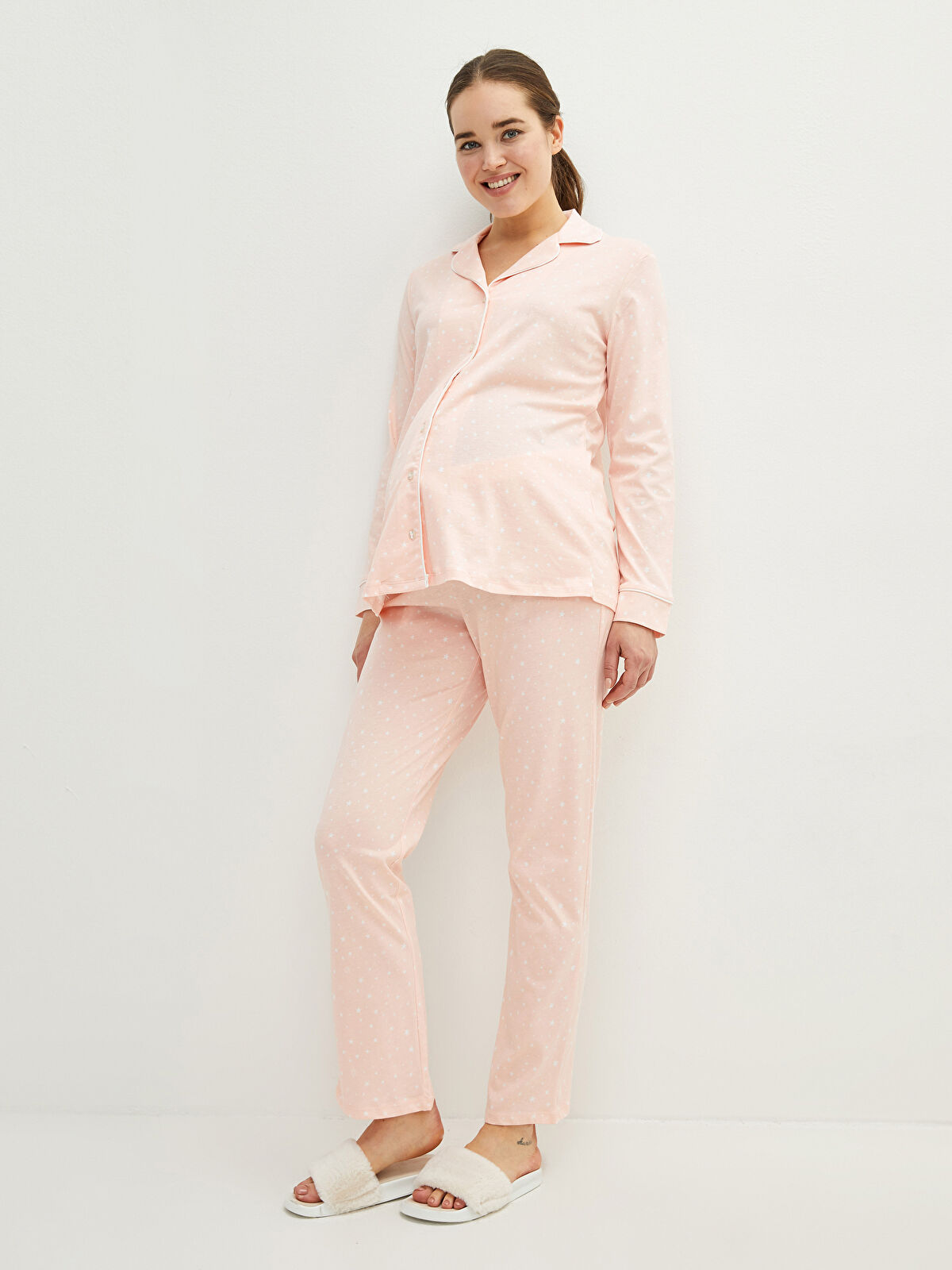 LCW DREAM Gömlek Yaka Desenli Uzun Kollu Pamuklu Hamile Pijama Takımı