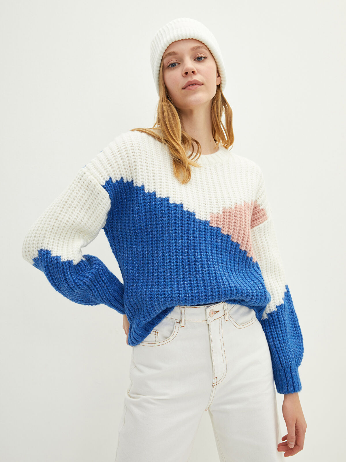 LCW CASUAL Bisiklet Yaka Renk Bloklu Uzun Kollu Kadın Triko Kazak